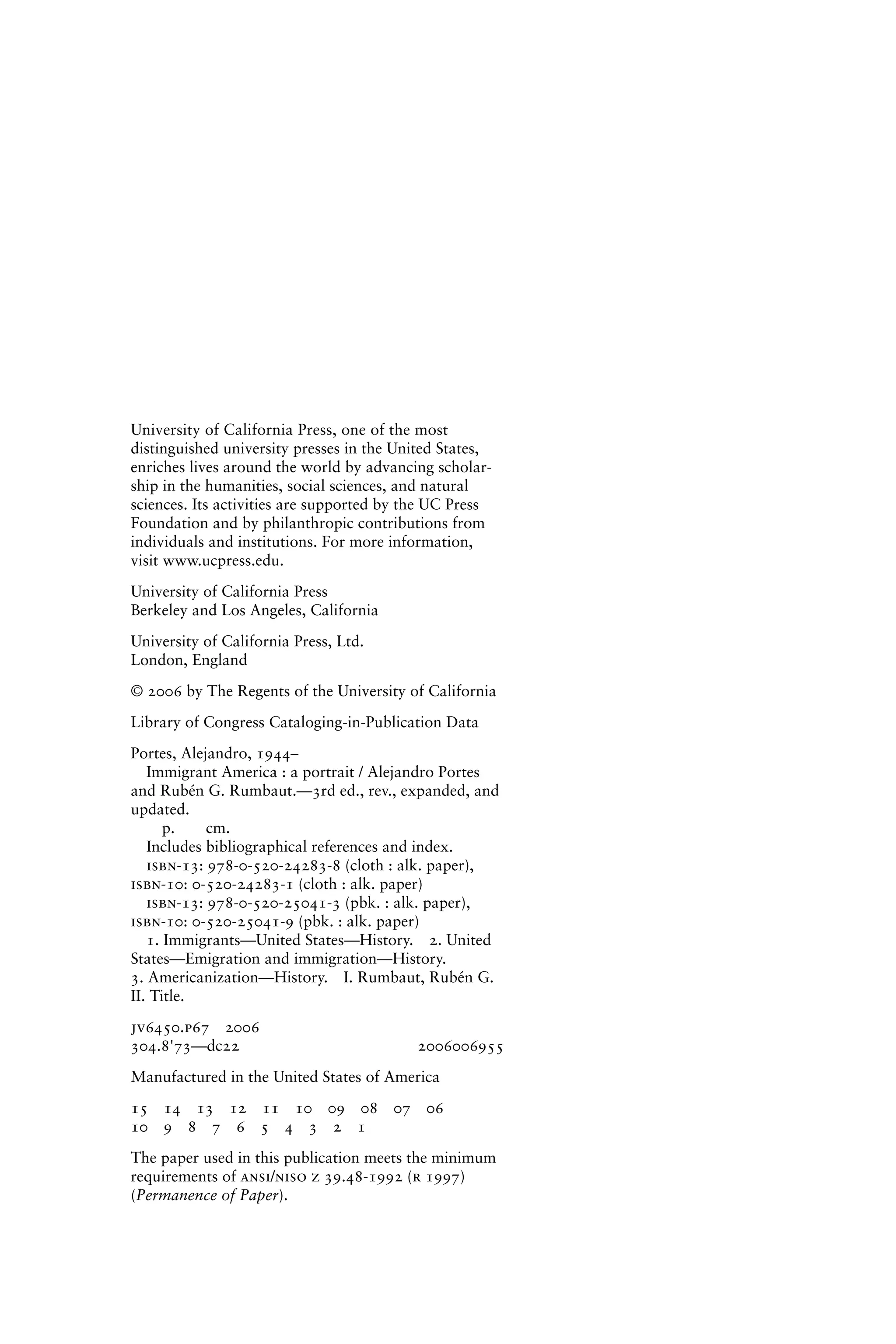 Immigrant America A Portrait Third Edition Revised Expanded And Updated ...