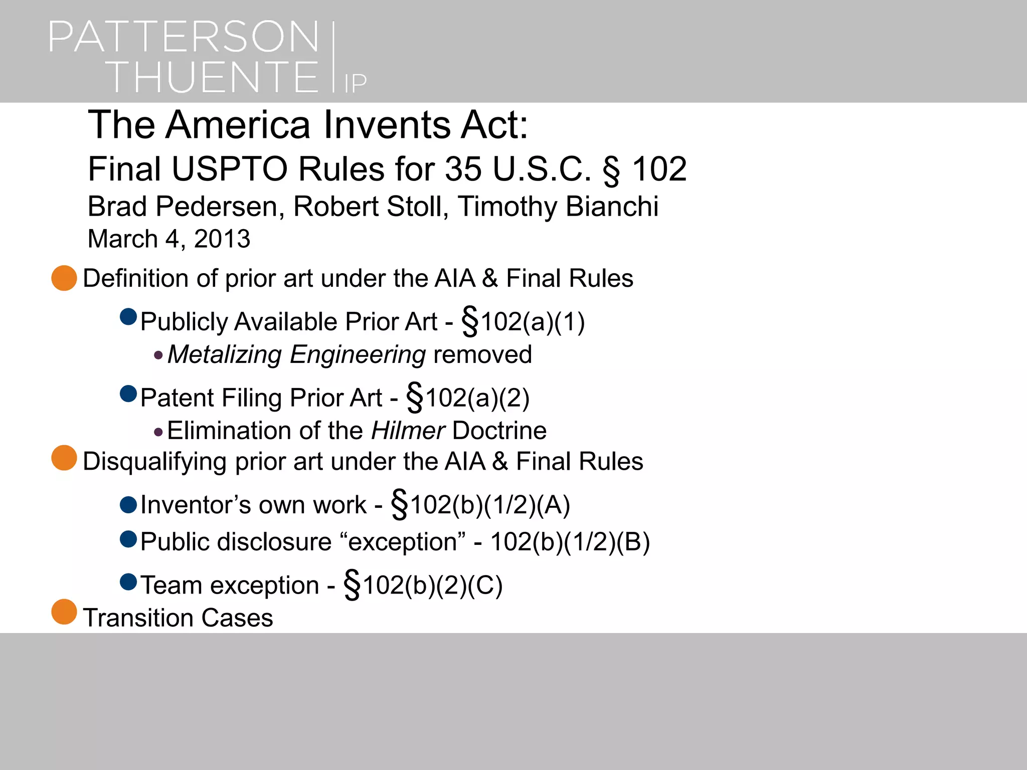 The America Invents Act: Final USPTO Rules for 35 U.S.C. 102 | PDF