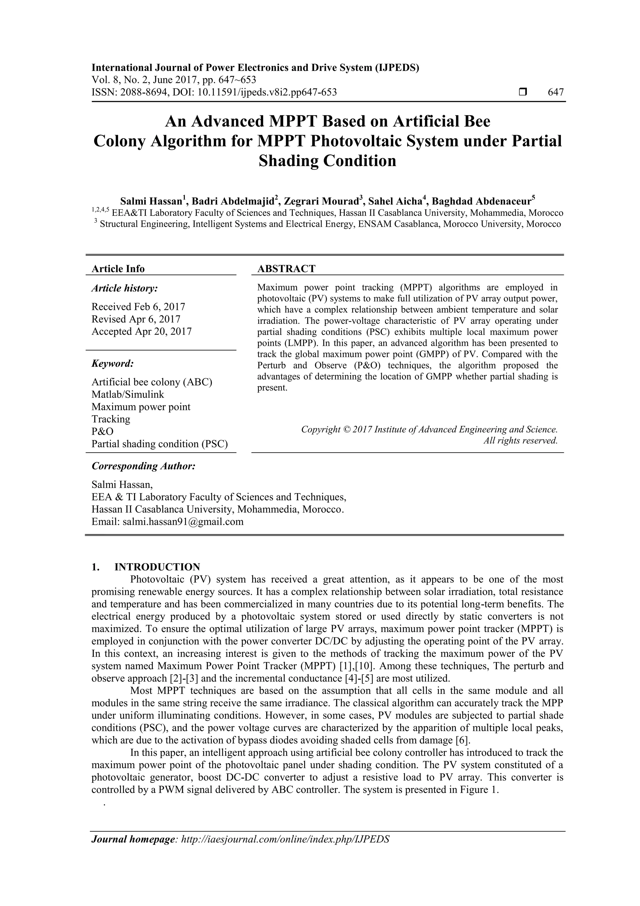 An Advanced MPPT Based on Artificial Bee Colony Algorithm for MPPT Photovoltaic System under ...