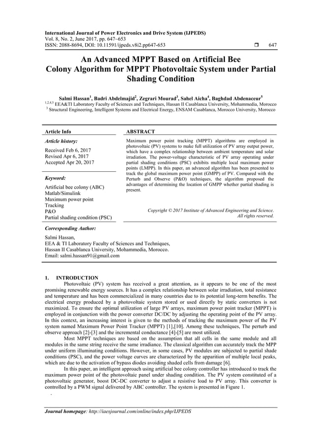 An Advanced MPPT Based on Artificial Bee Colony Algorithm for MPPT Photovoltaic System under ...