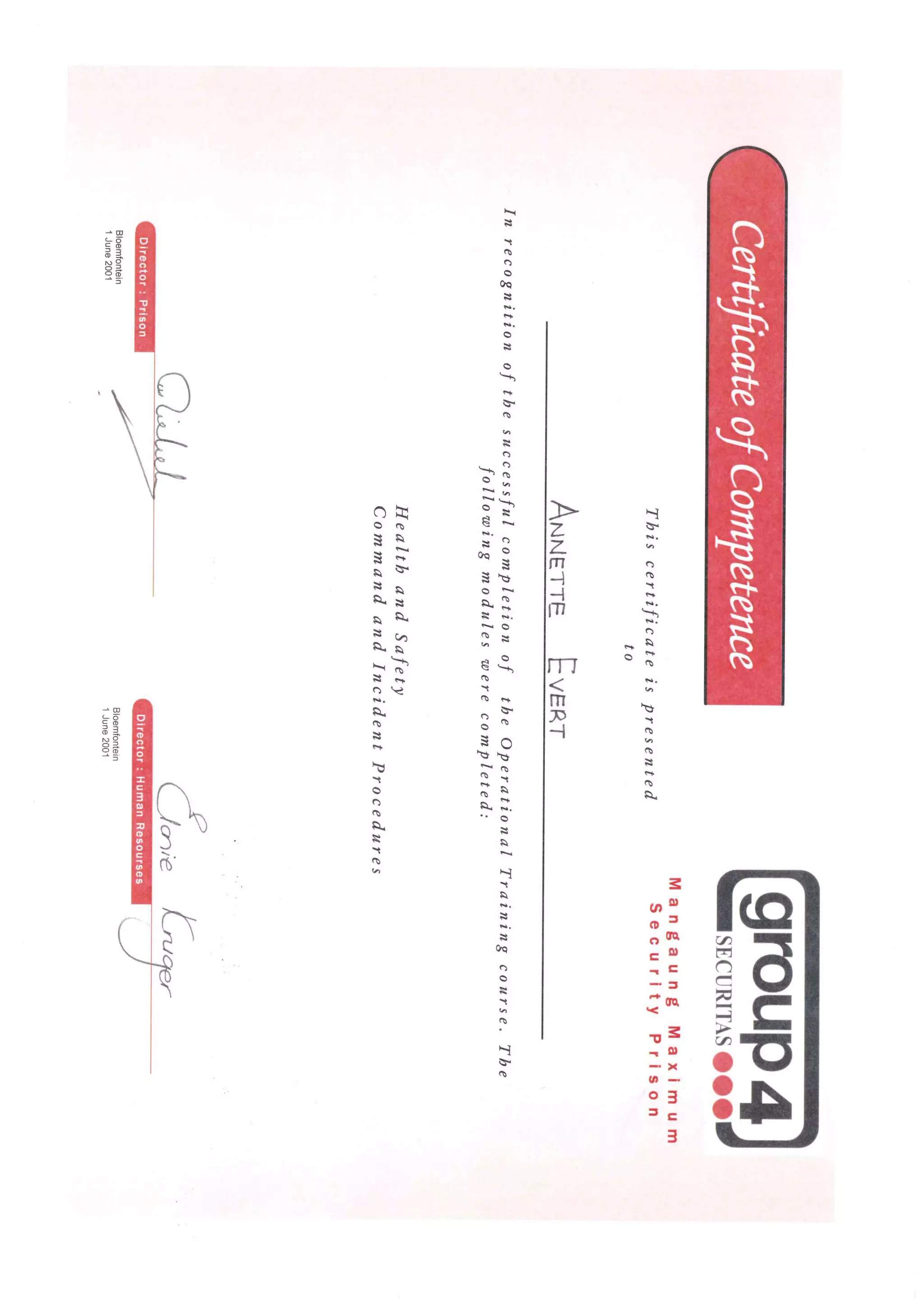 G4S Certificate of Competence 2001 - 2 | PDF
