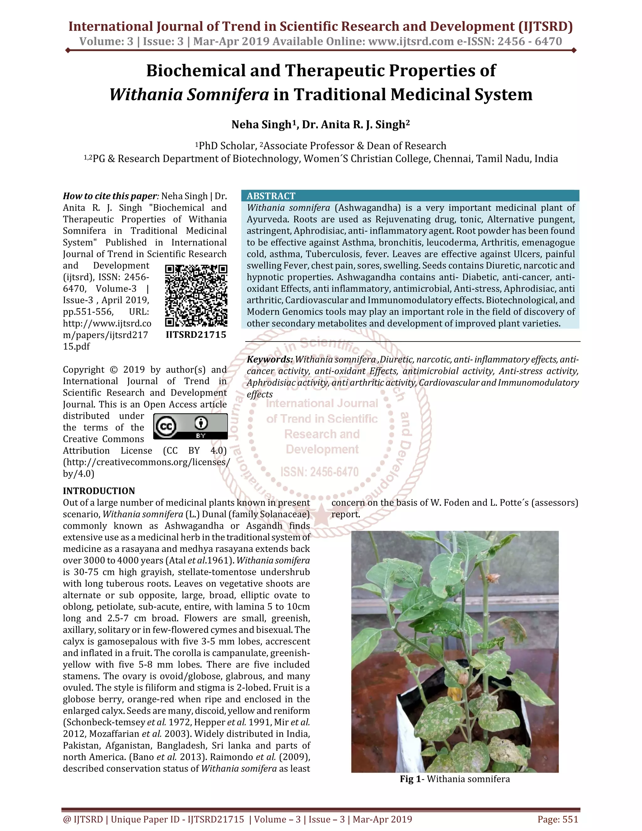 Biochemical and Therapeutic Properties of Withania Somnifera in ...