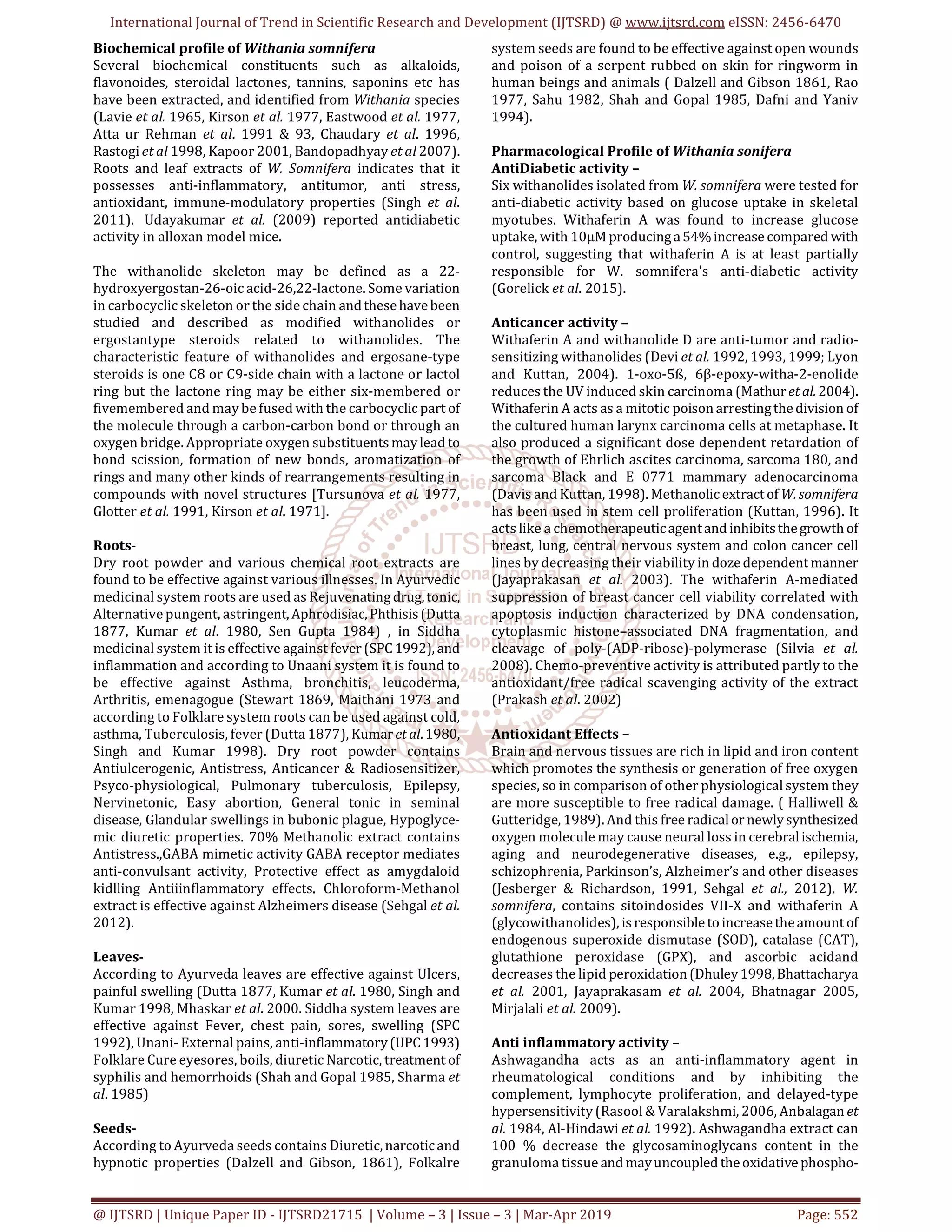 Biochemical and Therapeutic Properties of Withania Somnifera in ...