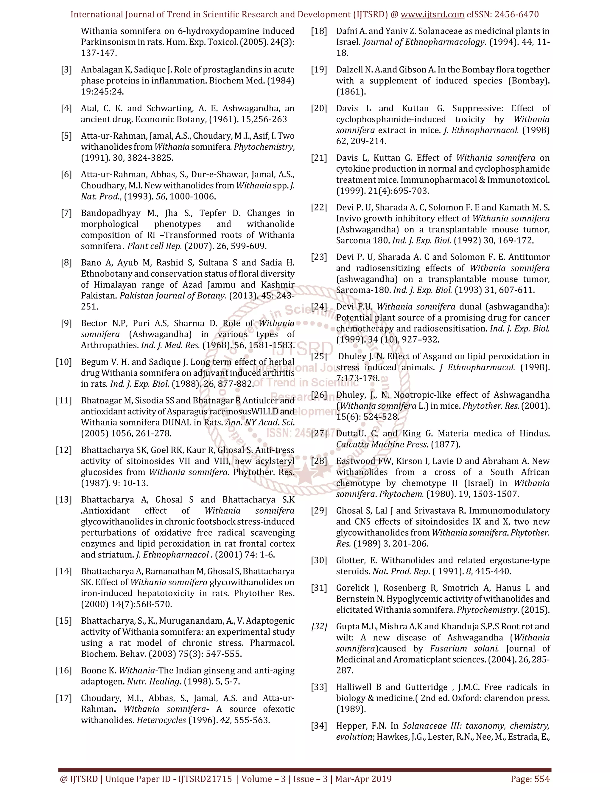 Biochemical and Therapeutic Properties of Withania Somnifera in ...