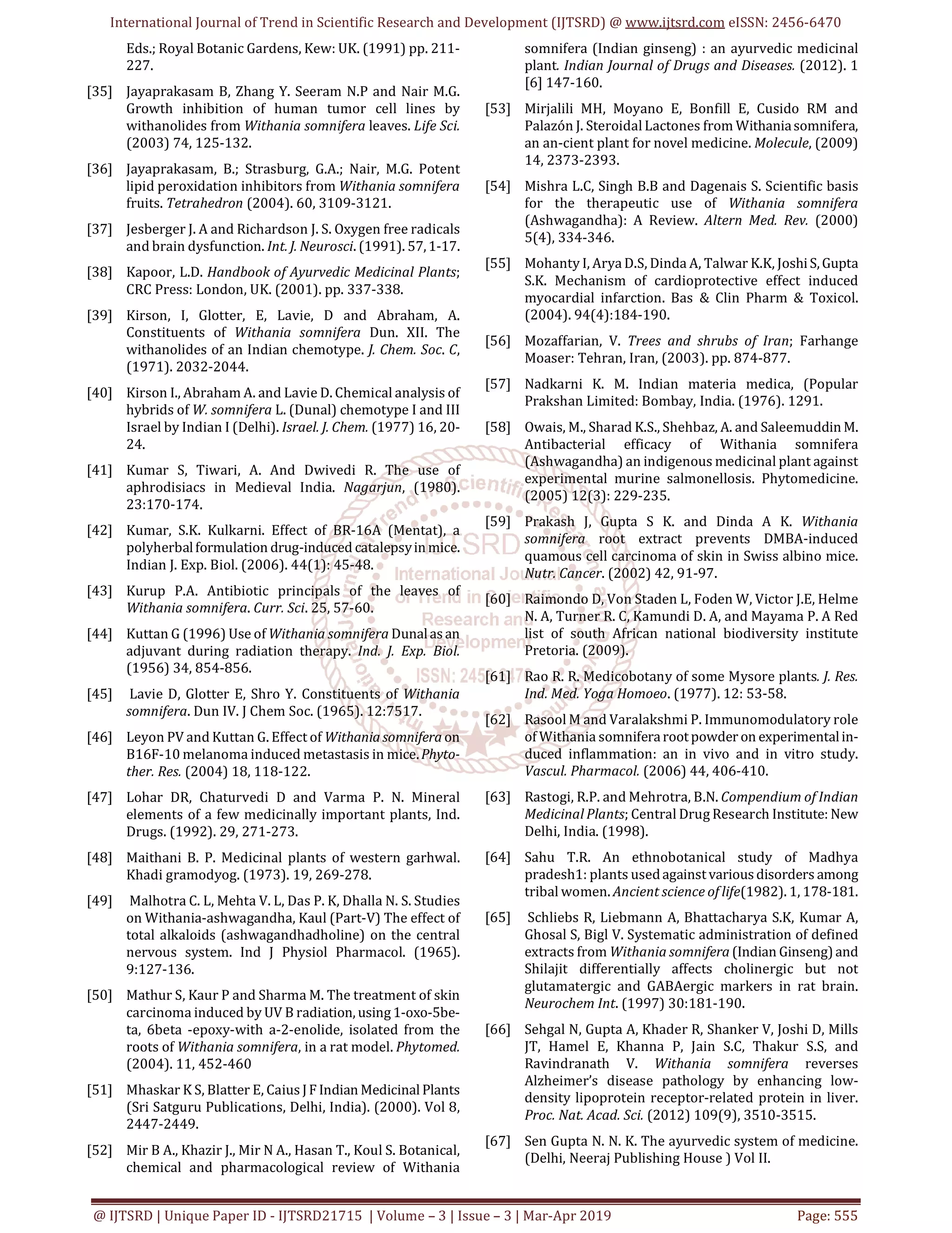 Biochemical and Therapeutic Properties of Withania Somnifera in ...
