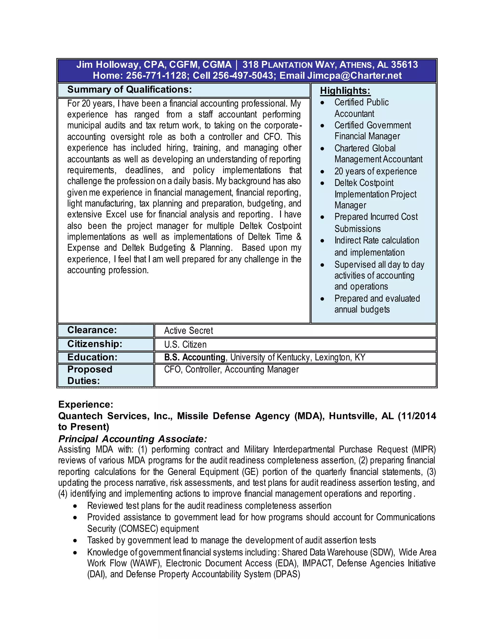 Jim Holloway Resume1 | DOCX | Business Accounting & Finance | Business