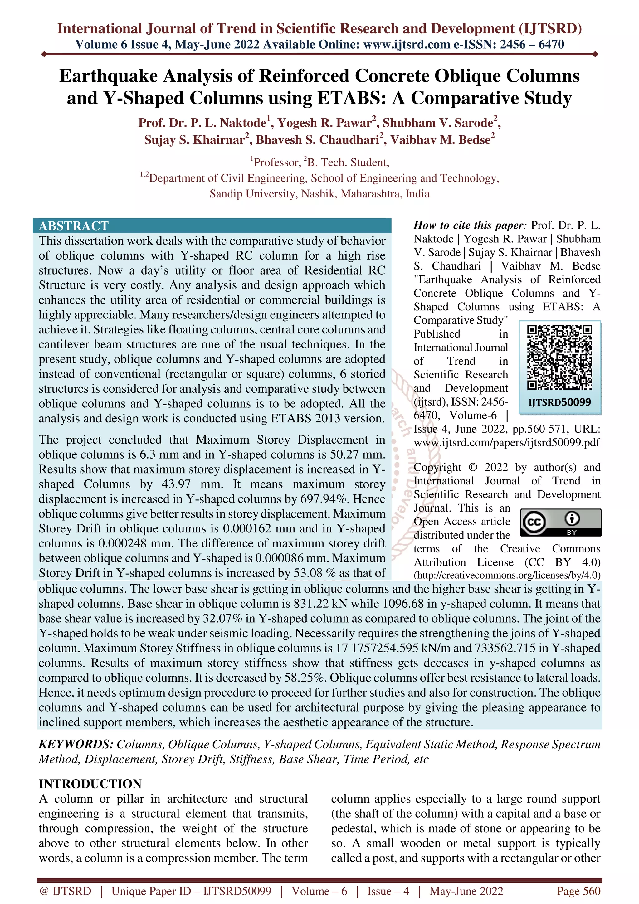 Earthquake Analysis of Reinforced Concrete Oblique Columns and Y Shaped ...