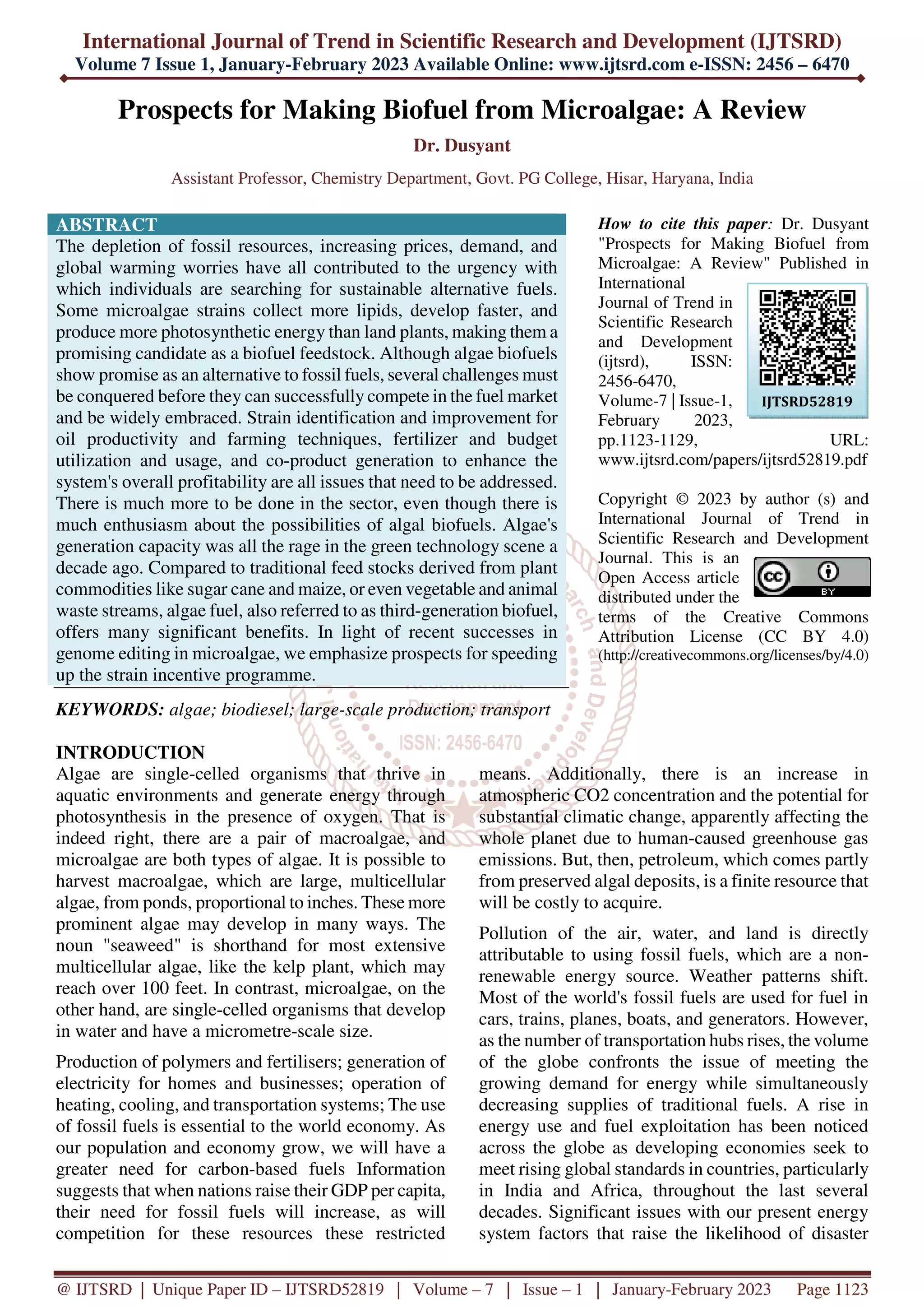 Prospects for Making Biofuel from Microalgae A Review | PDF