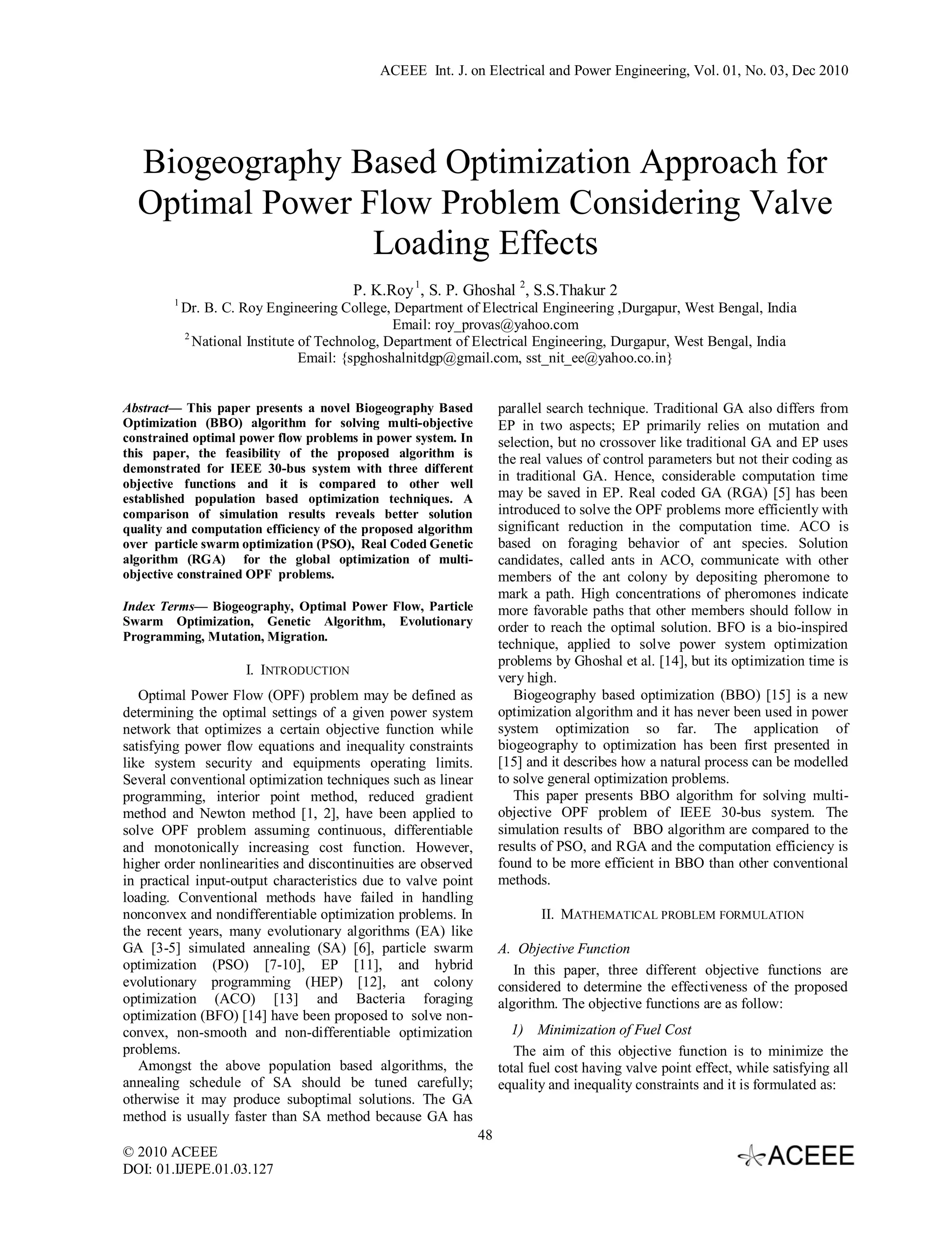 Biogeography Based Optimization Approach for Optimal Power Flow Problem Considering Valve ...