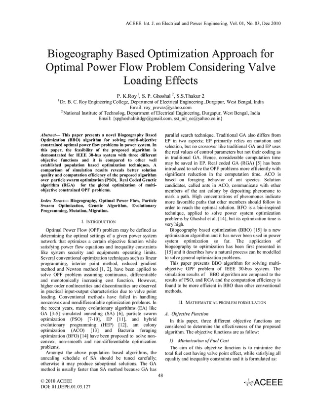 Biogeography Based Optimization Approach for Optimal Power Flow Problem Considering Valve ...