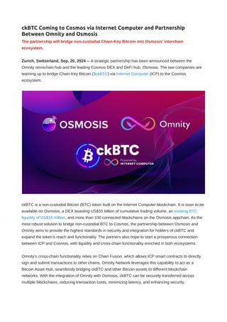 ckBTC Coming to Cosmos via Internet Computer and Partnership Between Omnity and Osmosis | PDF