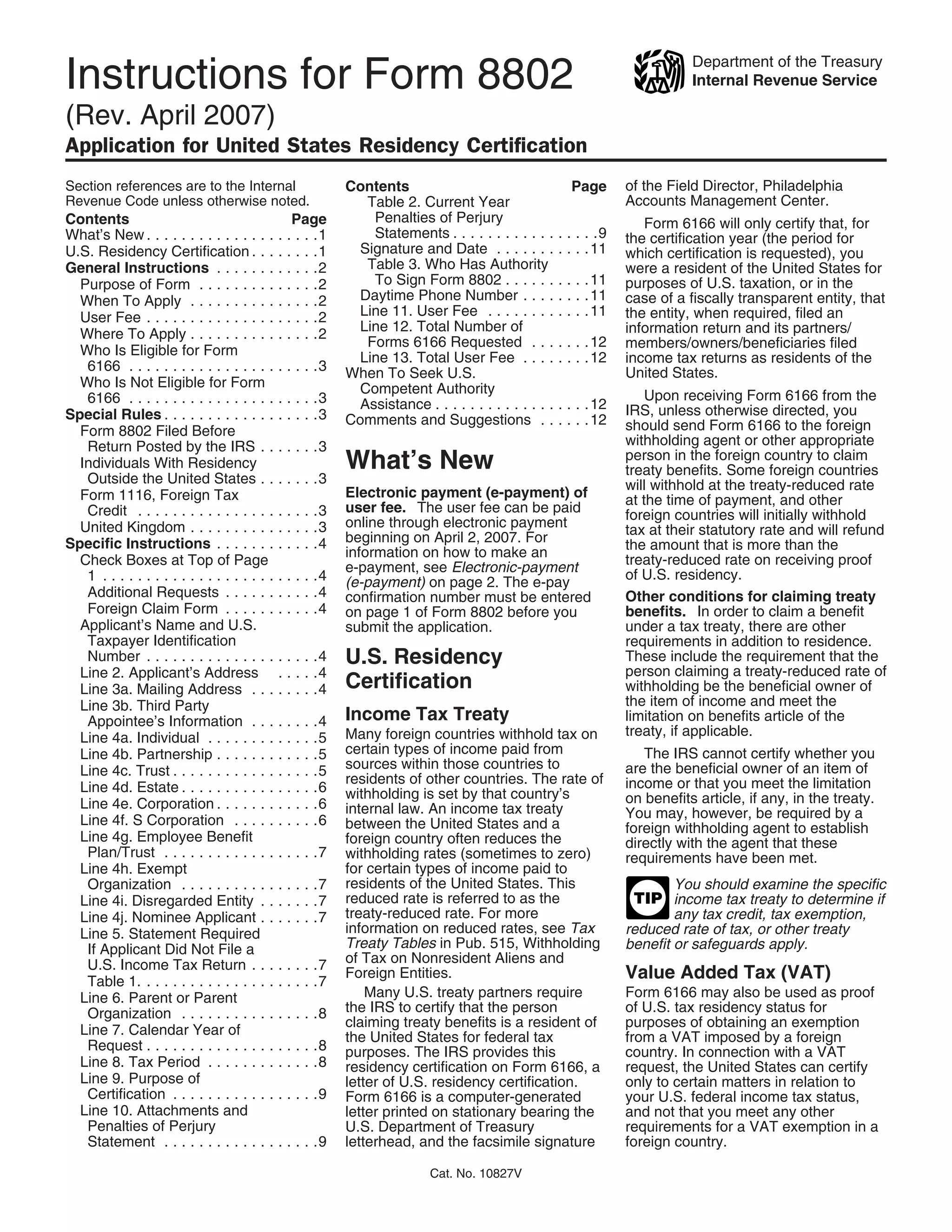 Form 8802-Application for United States Residency Certification | PDF