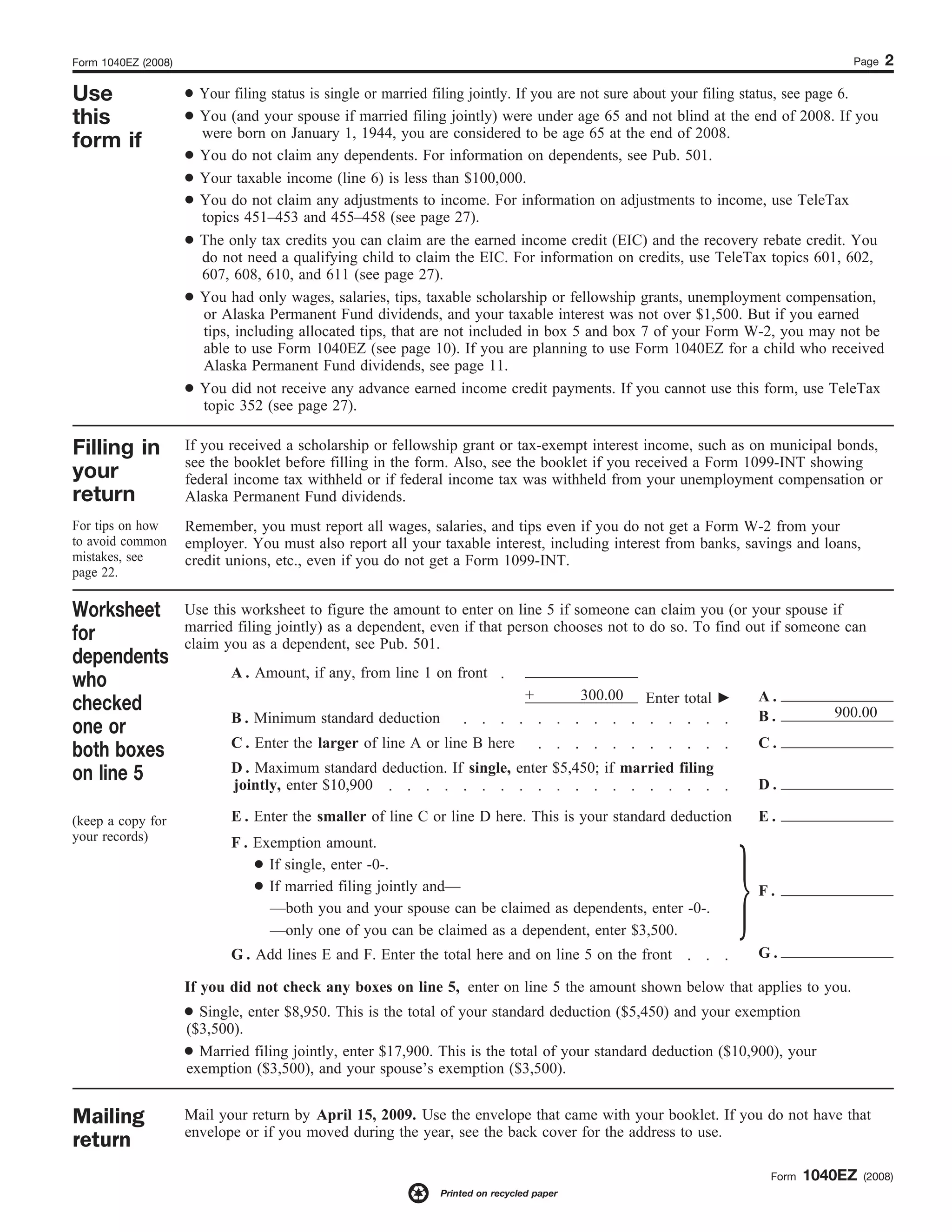 Form 1040EZ-Income Tax Return for Single and Joint Filer with No ...