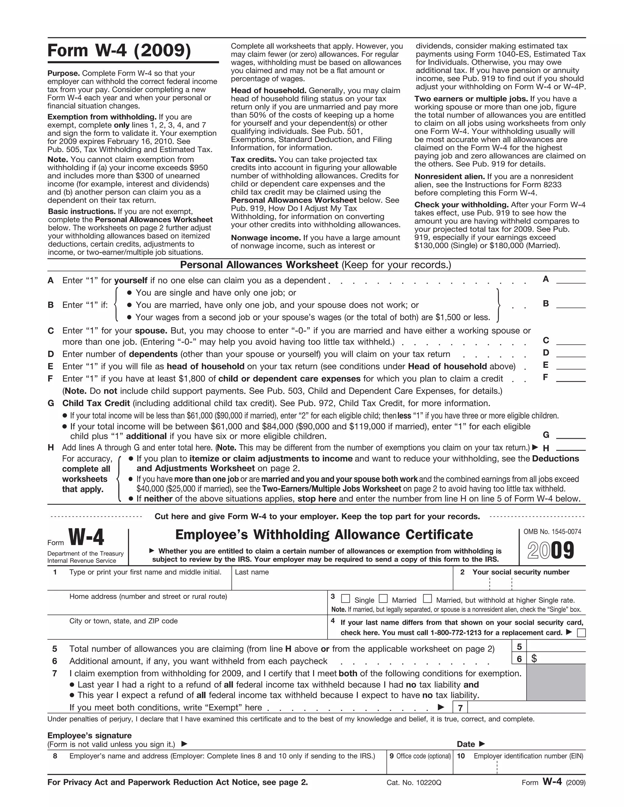 Form W-4-Personal Allowances Worksheet | PDF