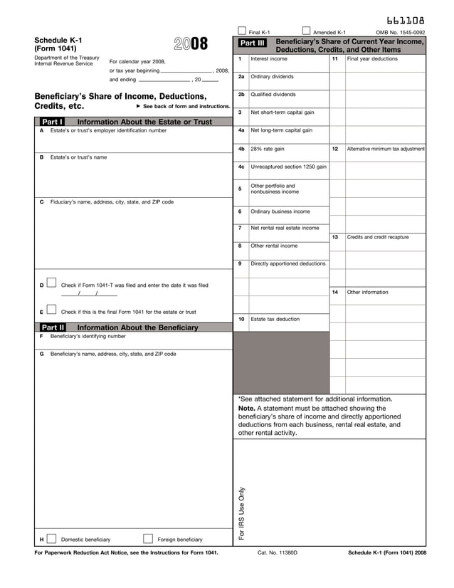 Form 104- Schedule K-1 Beneficiary’s Share of Income, Deductions, | PDF ...