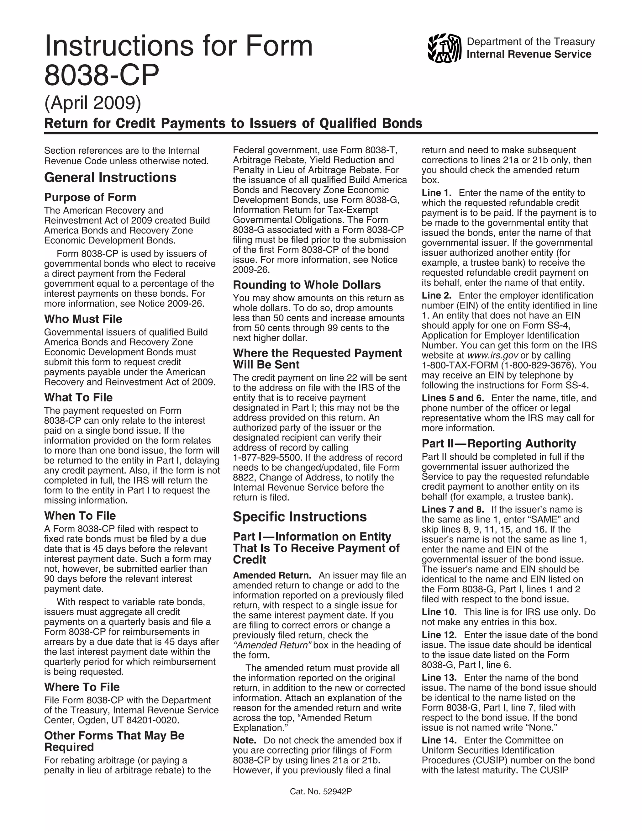 Instructions for Form 8038-CP, Return for Credit Payments to Issuers of Qualified Bonds | PDF