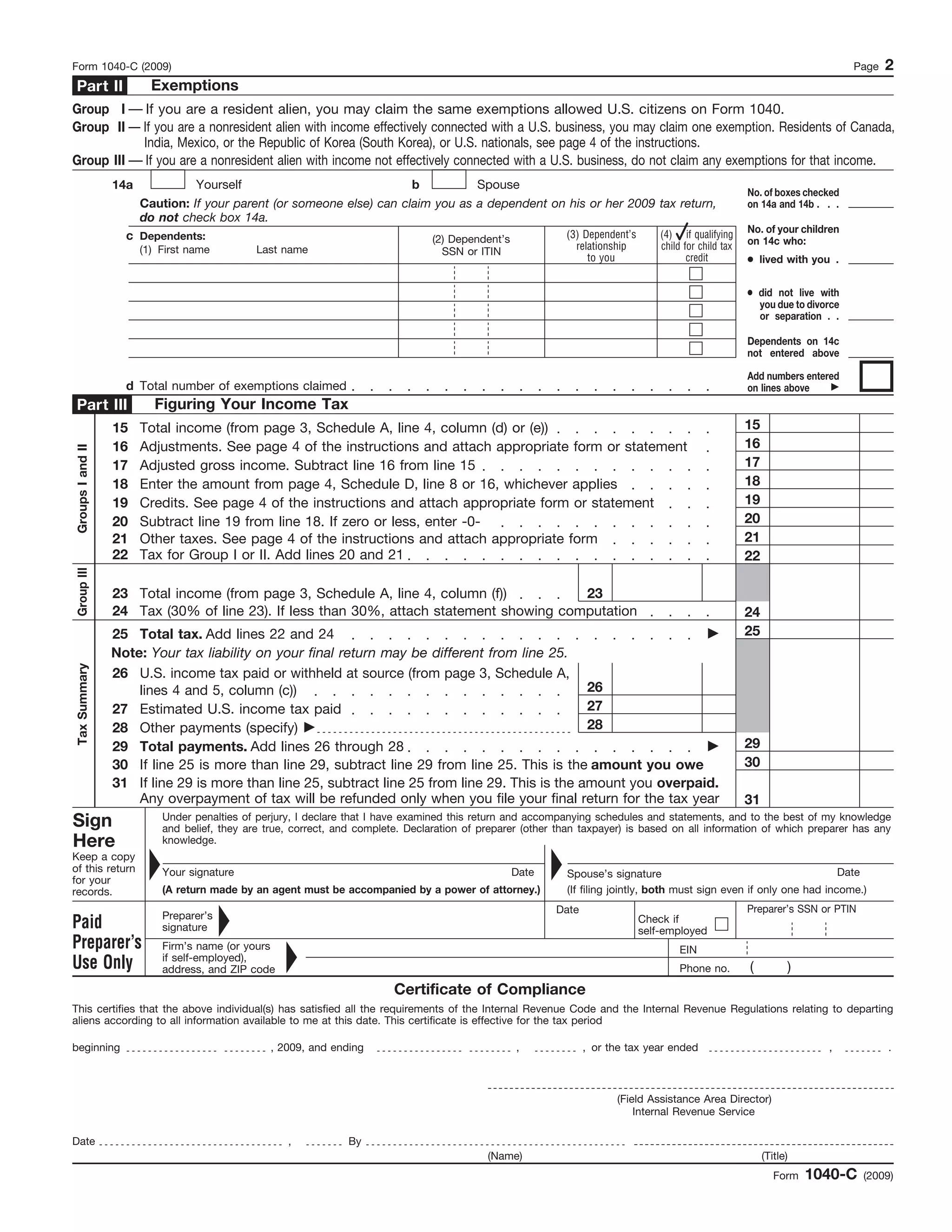 Form 1040-C-U.S. Departing Alien Income Tax Return | PDF | Personal ...