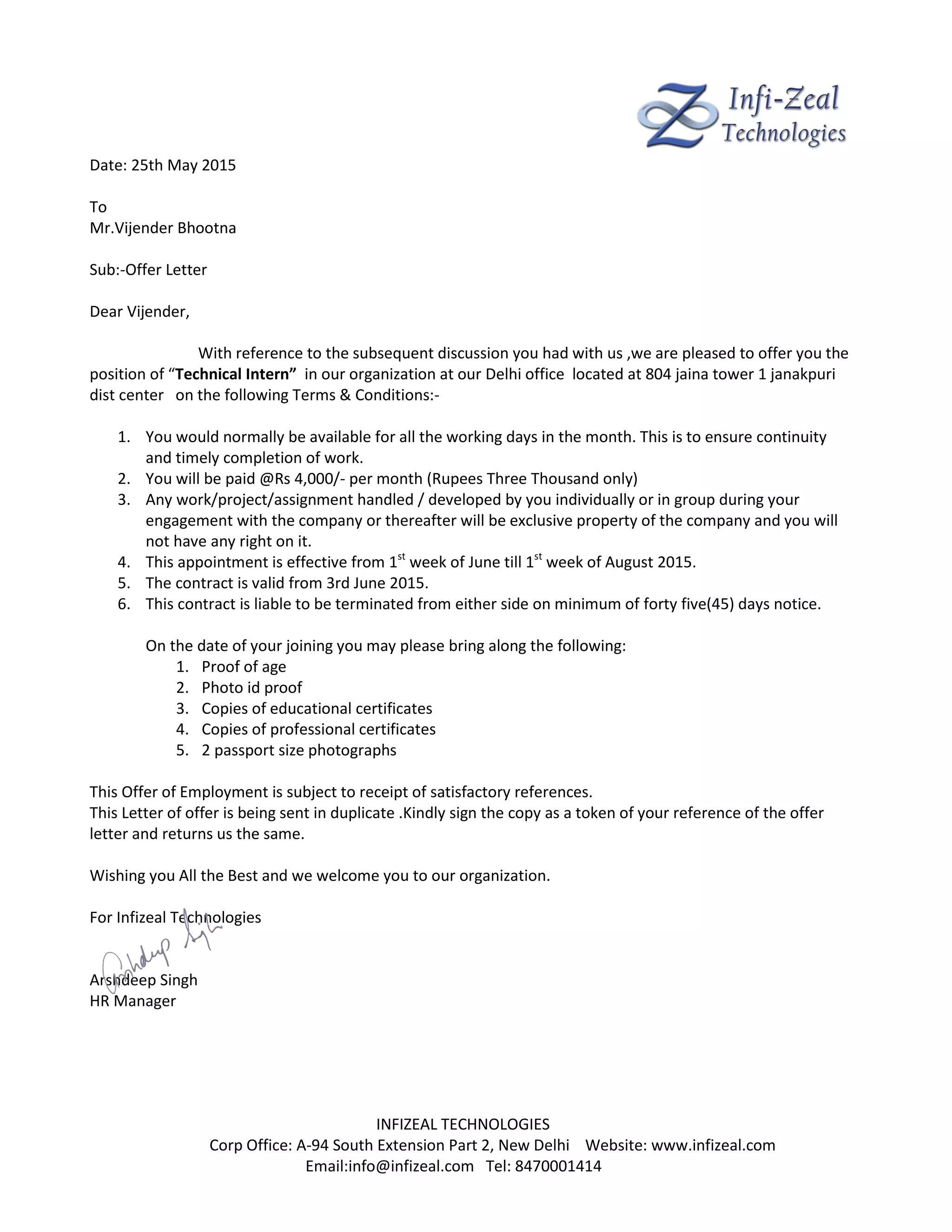 letter of appointment vijender | PDF