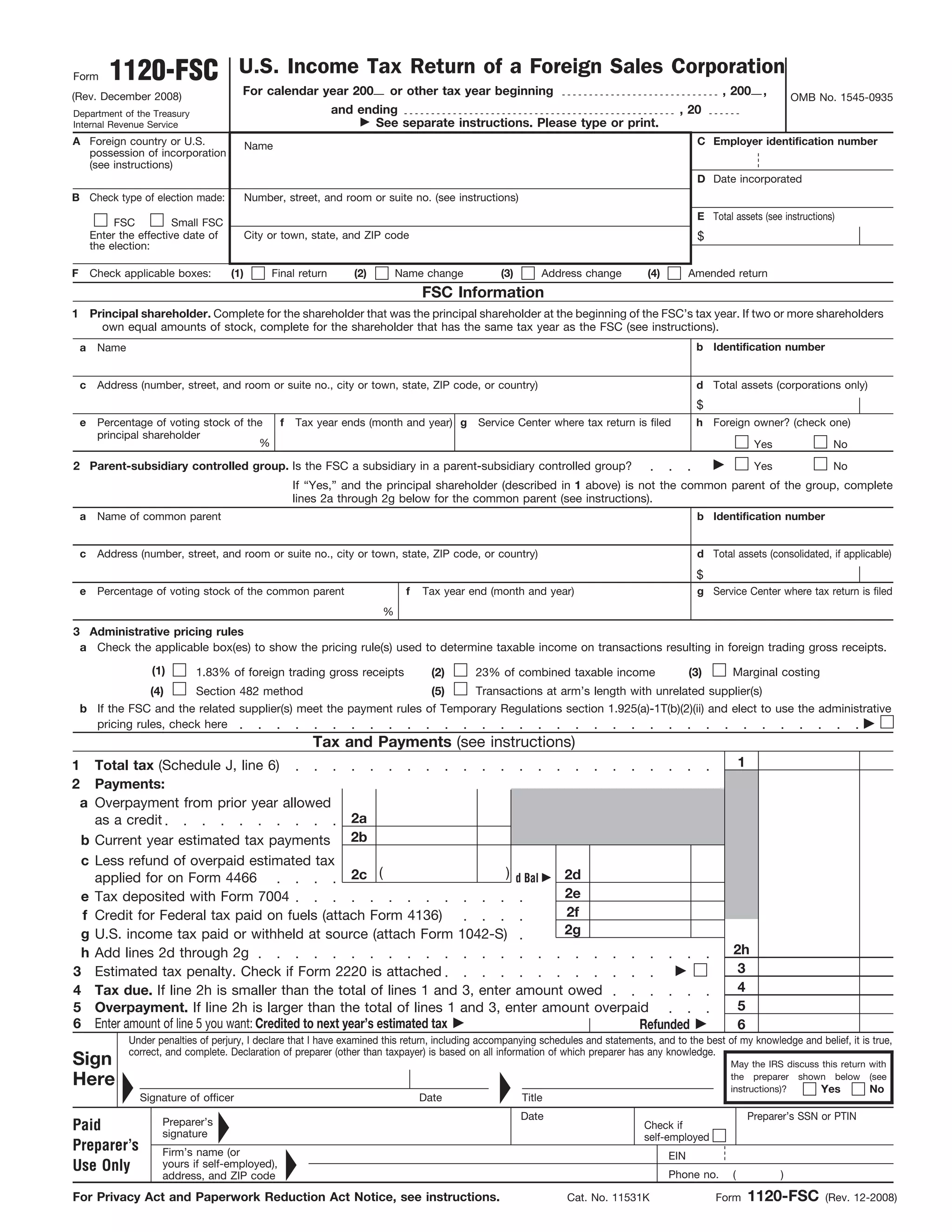 Form 1120-FSC U.S. Income Tax Return of a Foreign Sales Corporation | PDF