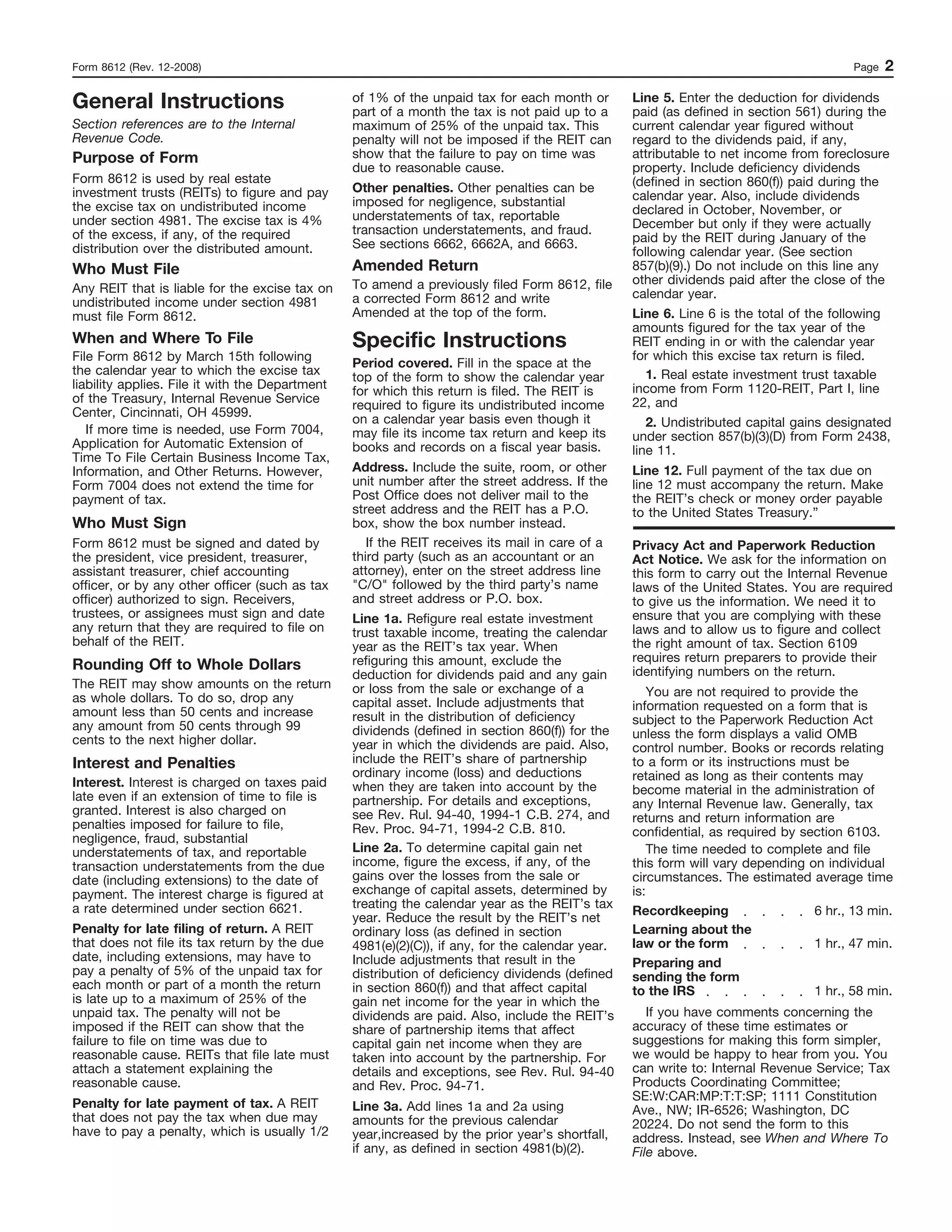 Form 8612 Return of Excise Tax on Undistributed Income of Real Estate ...