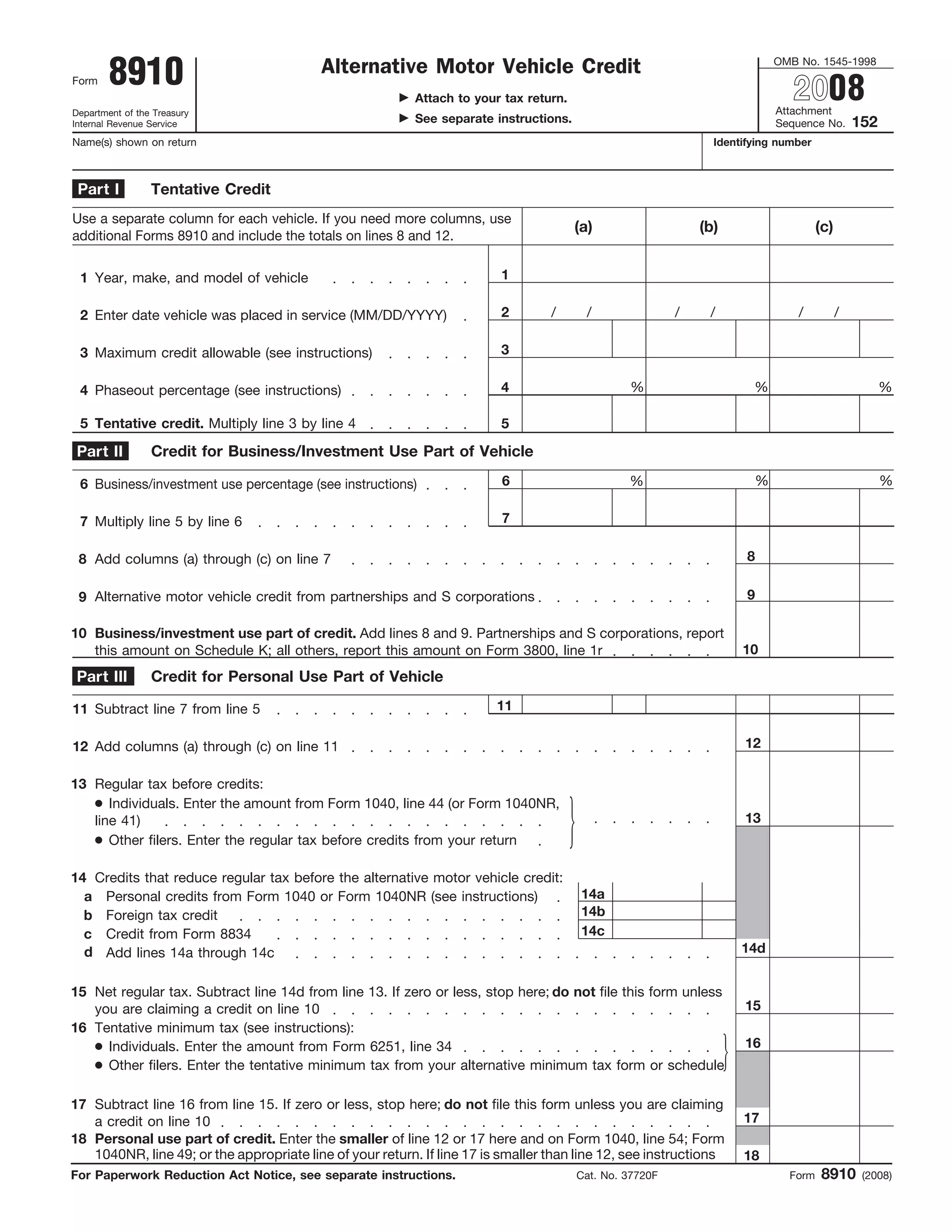 Form 8910 Alternative Motor Vehicle Credit | PDF