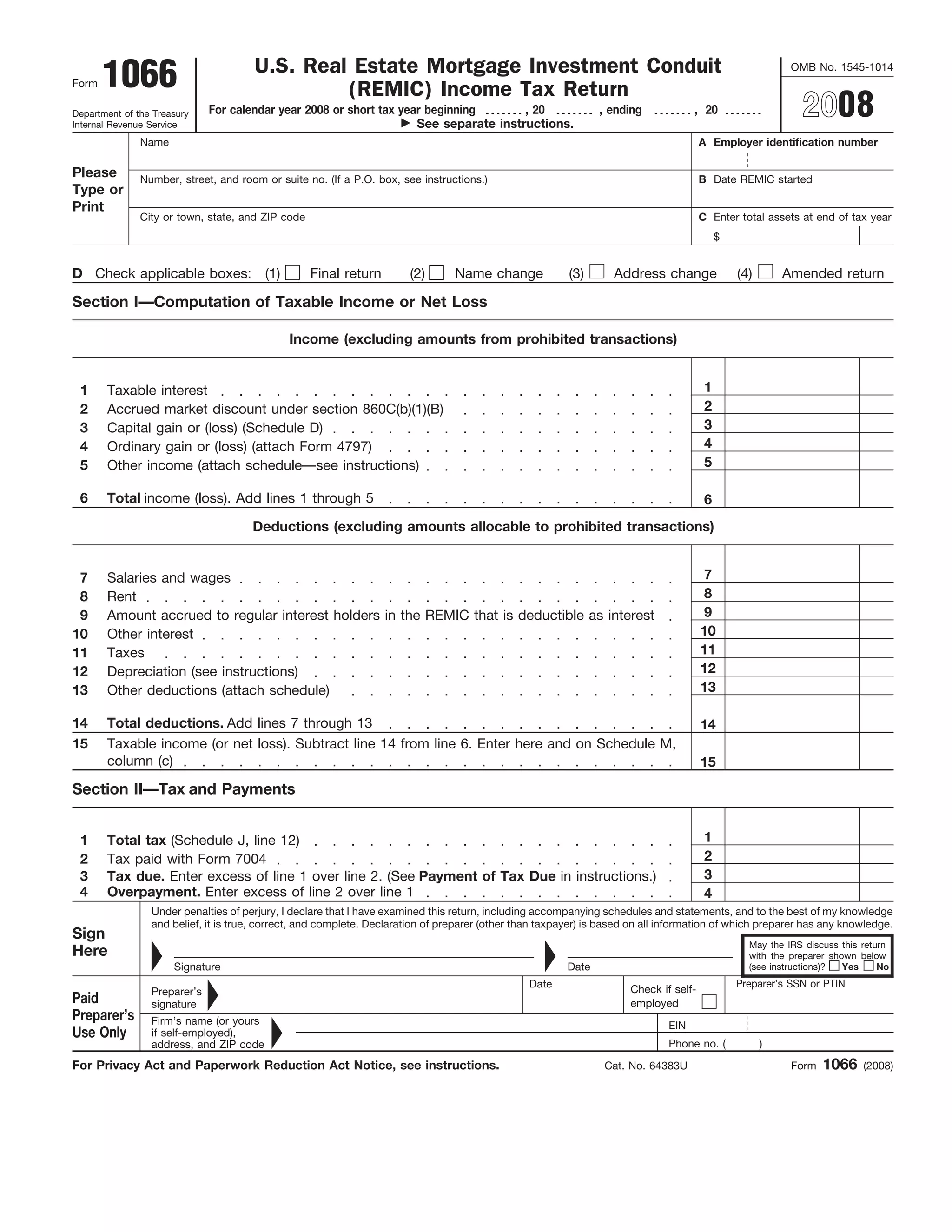 Form 1066 U.S. Real Estate Mortgage Investment Conduit (REMIC) Income ...