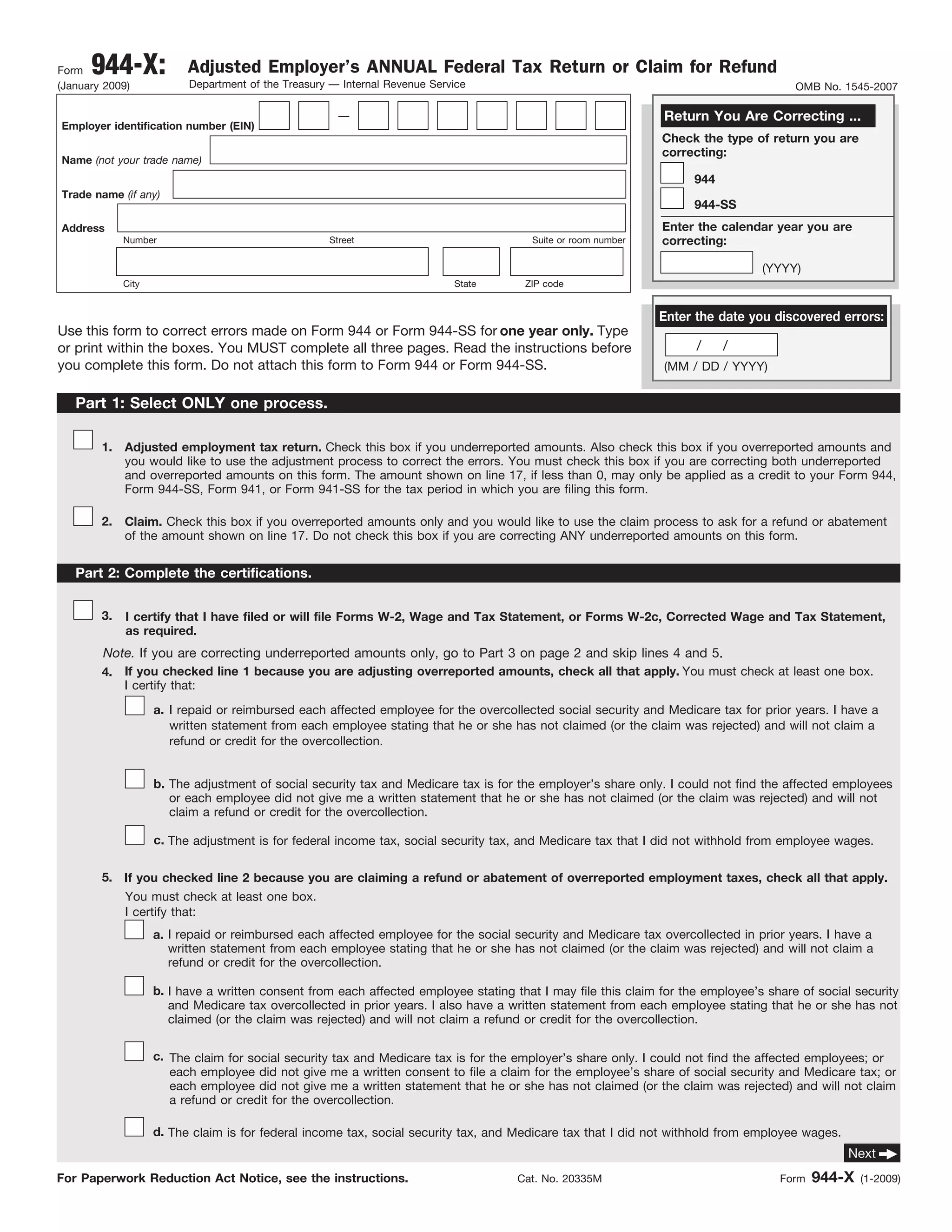 Form 944-X Adjusted Employer's Annual Federal Tax Return or Claim for ...