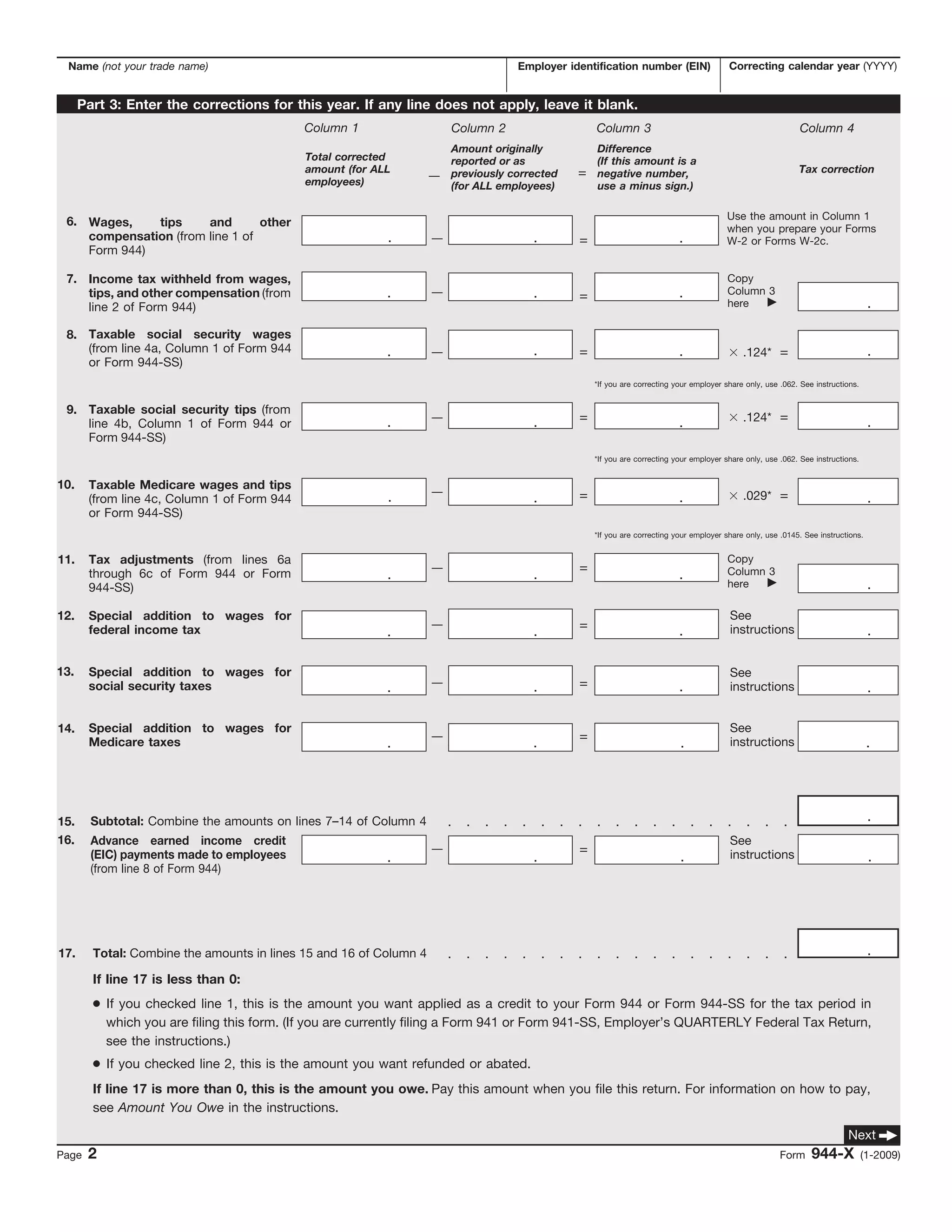 Form 944-X Adjusted Employer's Annual Federal Tax Return or Claim for ...