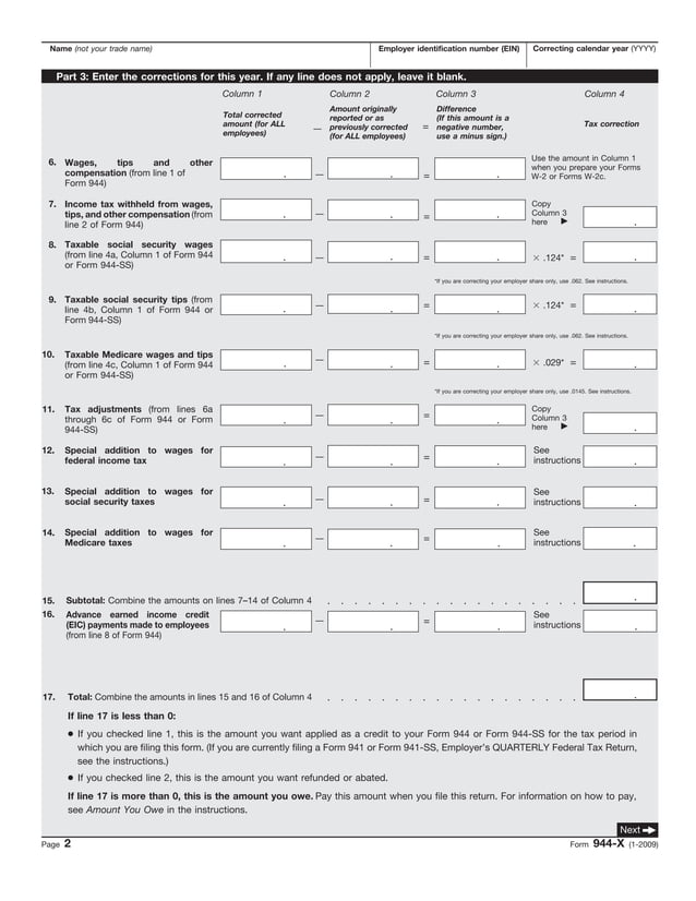 Form 944-X Adjusted Employer's Annual Federal Tax Return or Claim for ...