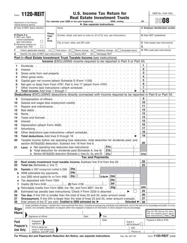 Form 1120-REIT U.S. Income Tax Return for Real Estate Investment Trusts ...