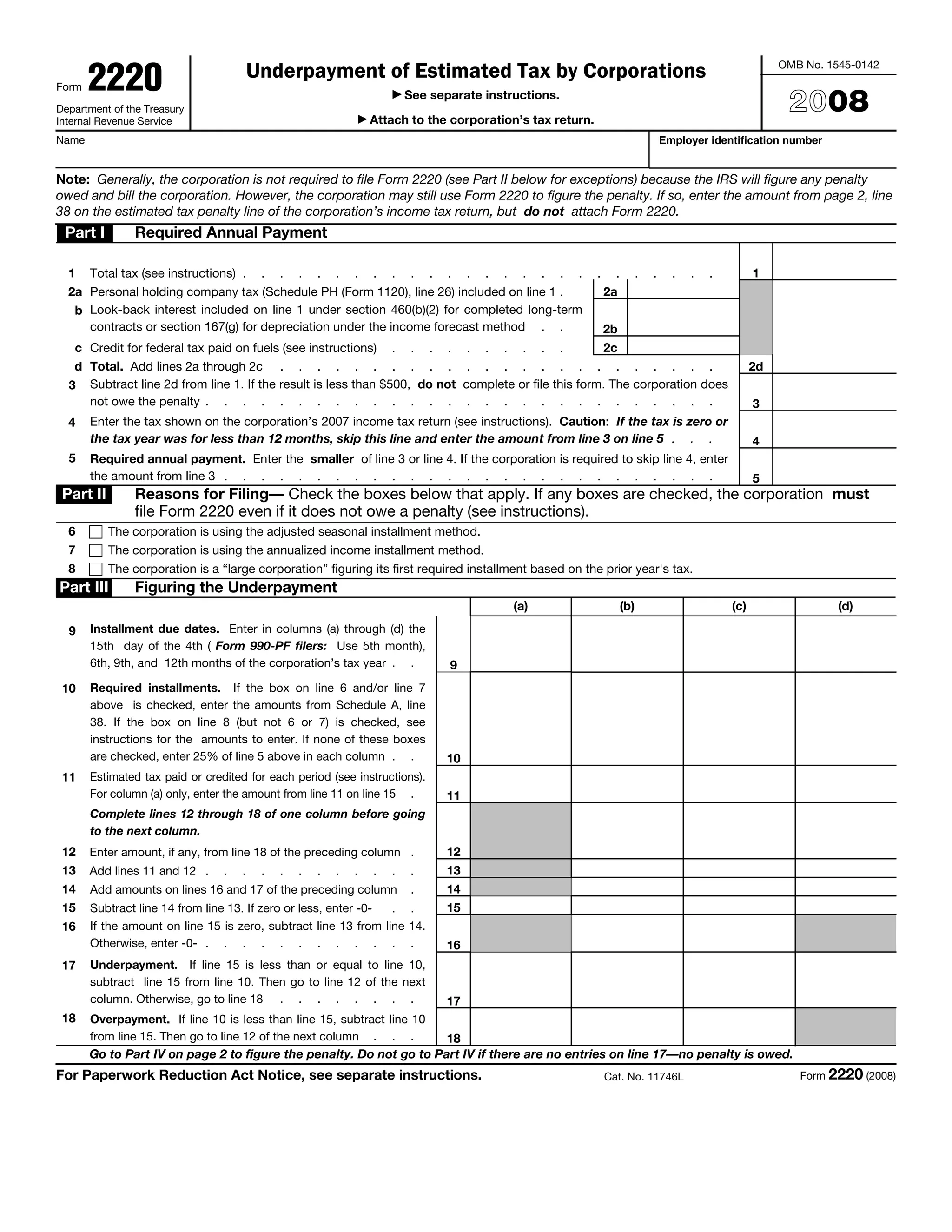 Form 2220 Underpayment of Estimated Tax By Corporations | PDF