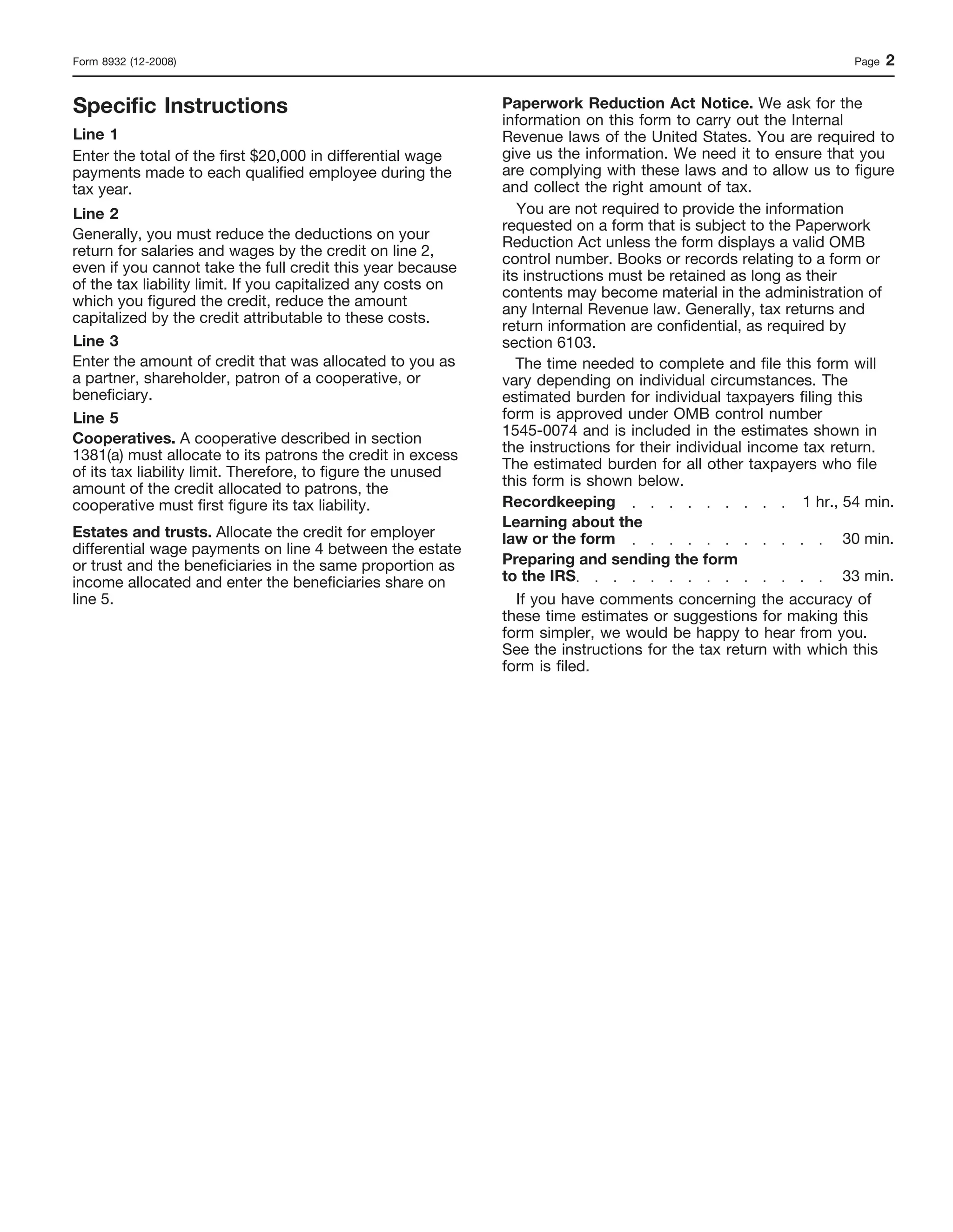 Form 8932 Credit for Employer Differential Wage Payments | PDF