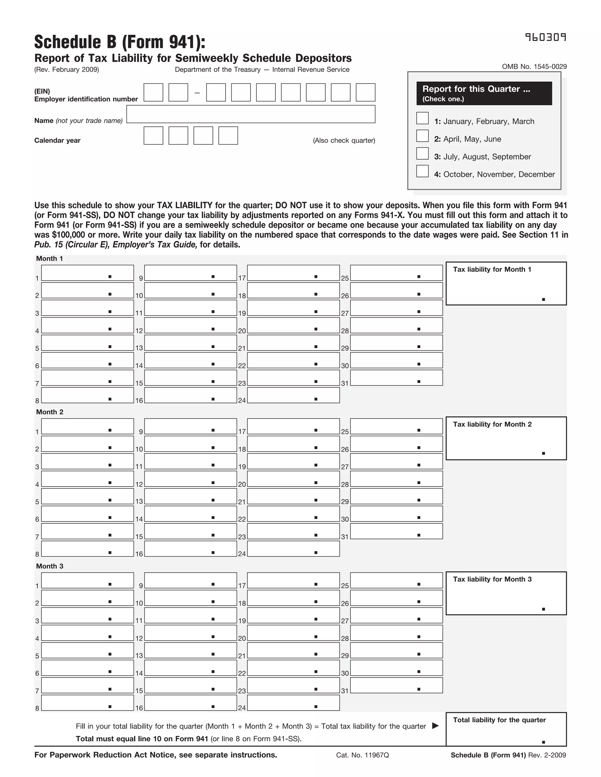 Form 941 (Schedule B) Report of Tax Liability for Semiweekly Schedule ...