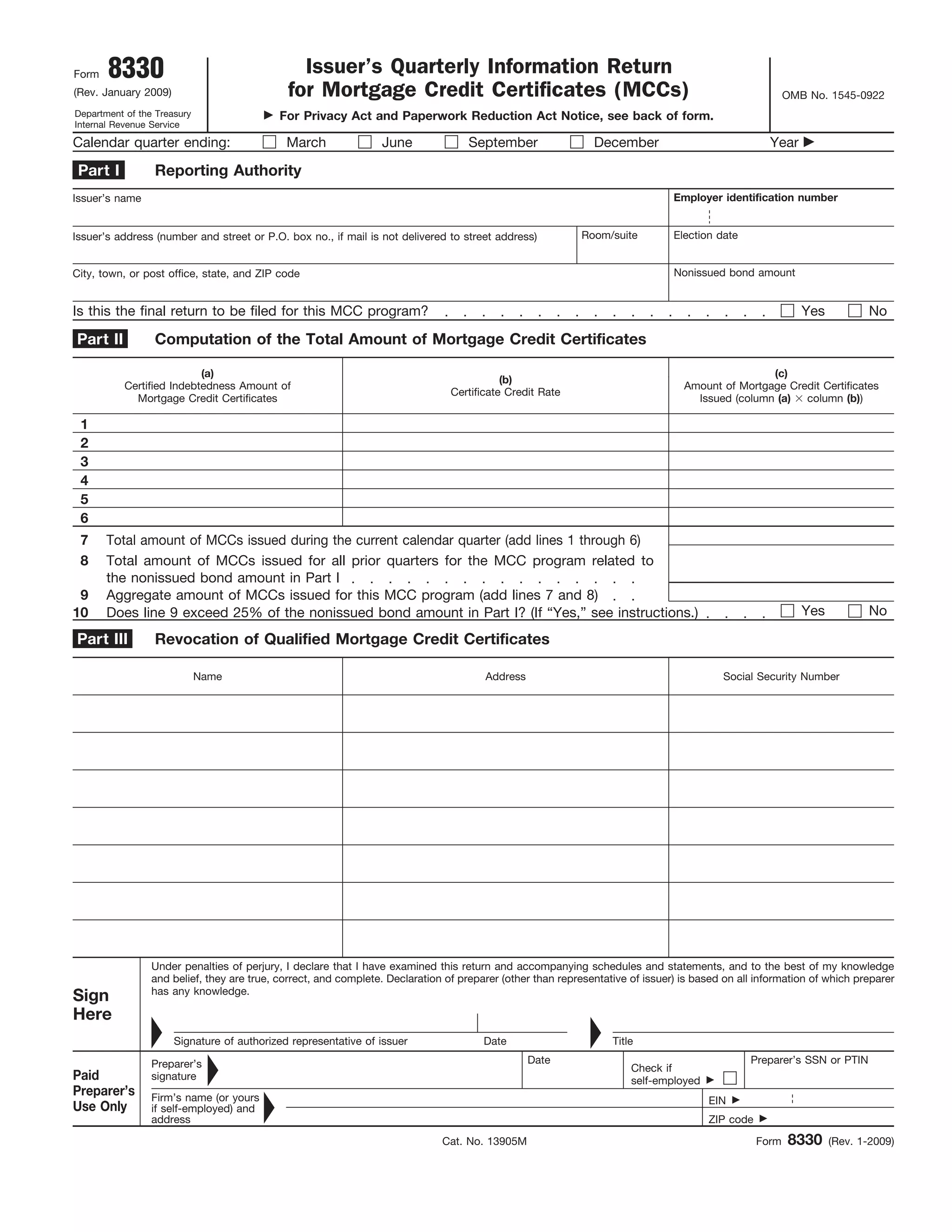 Form 8330 Issuer's Quarterly Information Return for Mortgage Credit ...