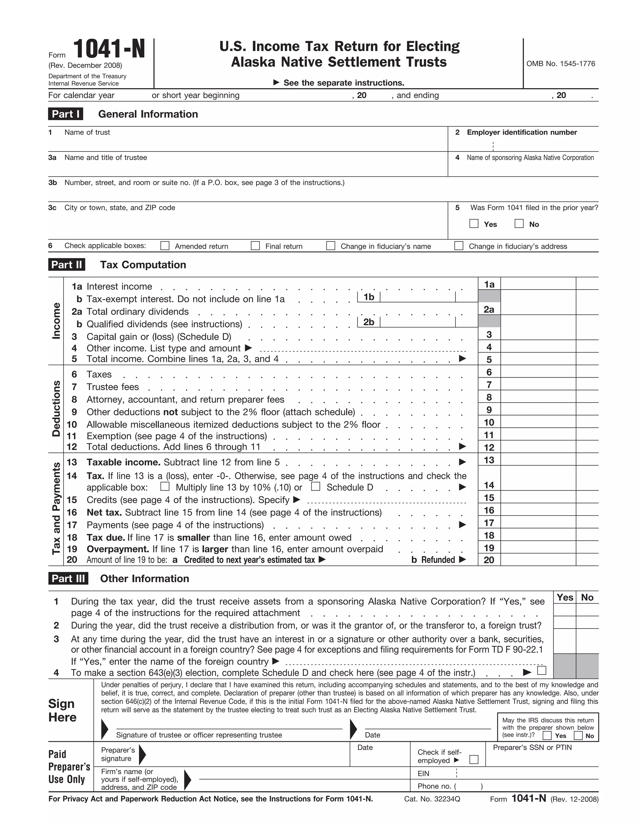 Form 1041-N U.S. Income Tax Return for Electing Alaska Native ...