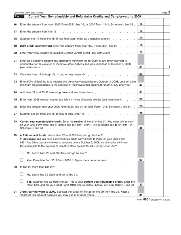 Form 8801-Credit for Prior Year Minimum Tax - Individuals, Estates, and ...