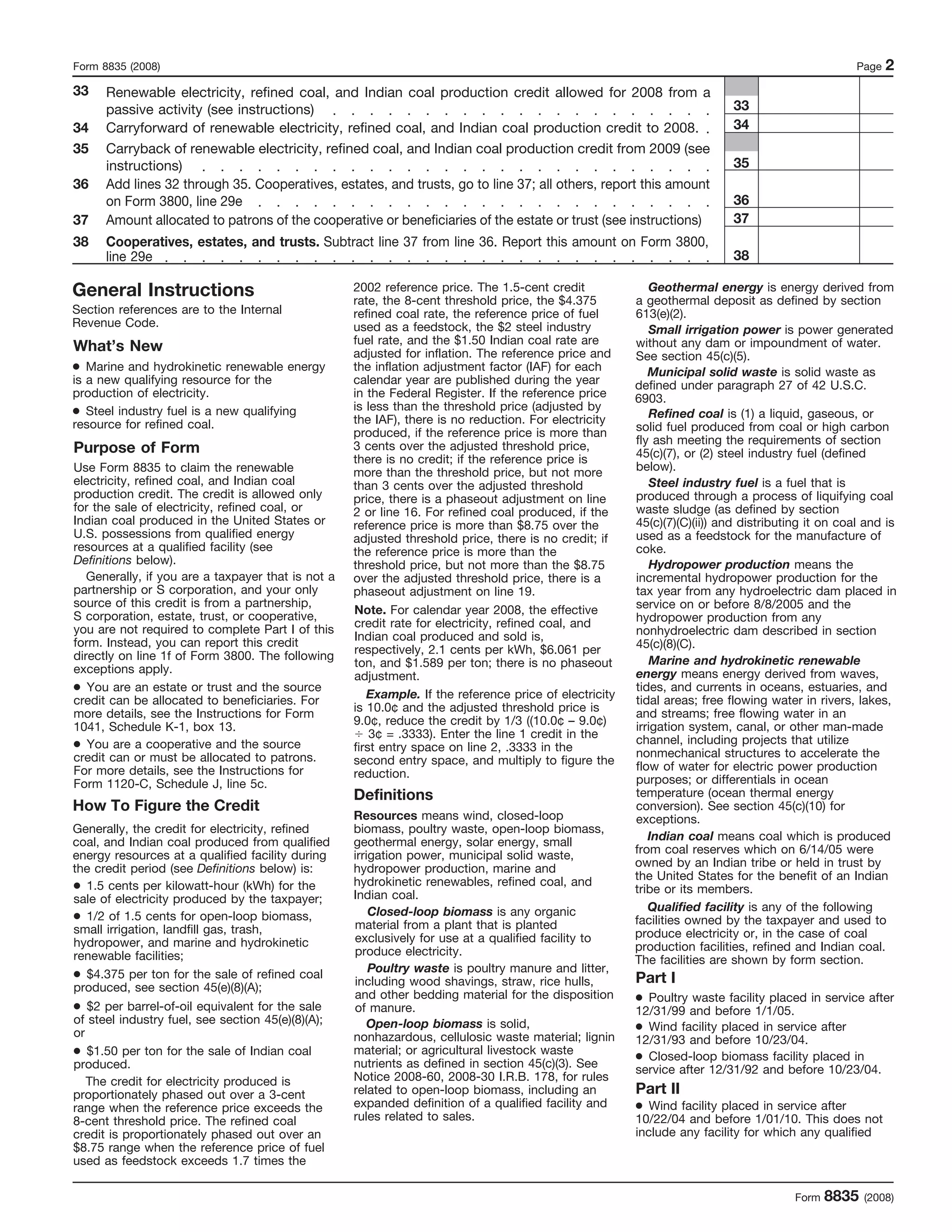 Form 8835-Renewable Electricity, Refined Coal, and Indian Coal ...