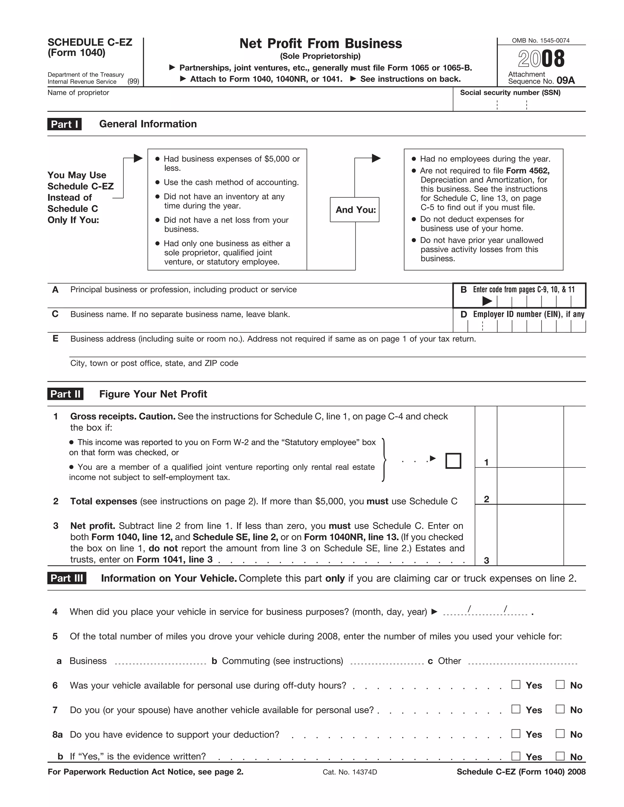Form 1040, Schedule C-EZ-Net Profit From Business | PDF