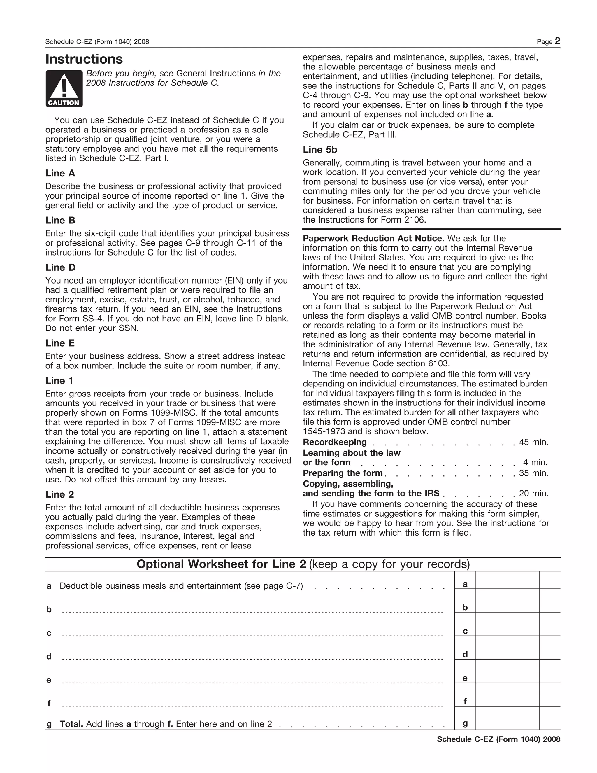 Form 1040, Schedule C-EZ-Net Profit From Business | PDF