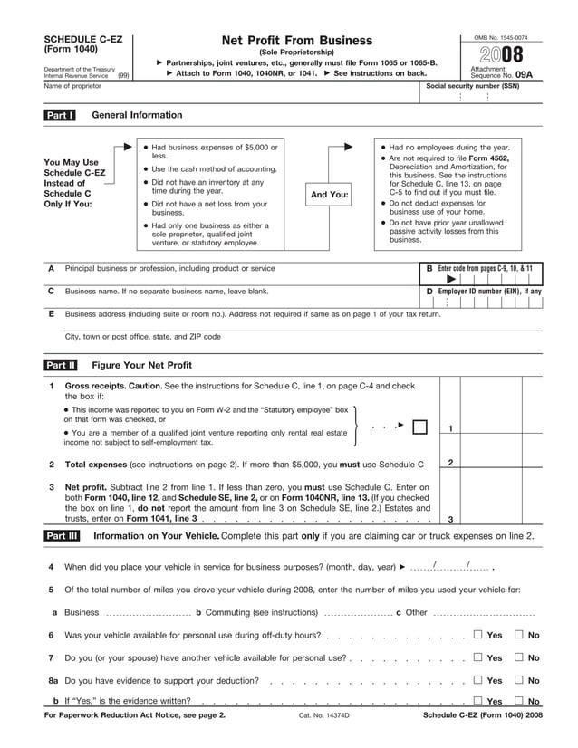 Form 1040, Schedule C-EZ-Net Profit From Business | PDF