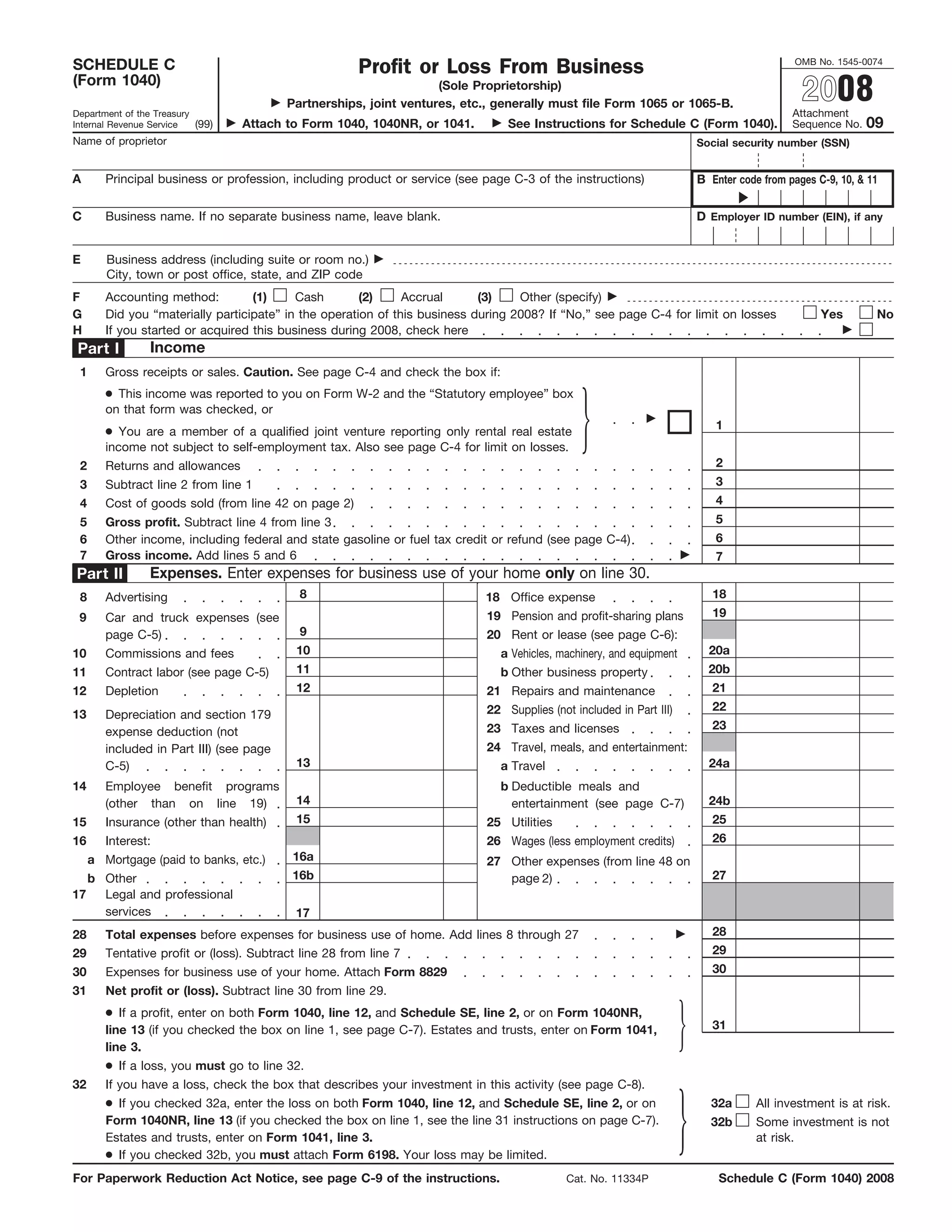 Form 1040, Schedule C-Profit or Loss From Business | PDF