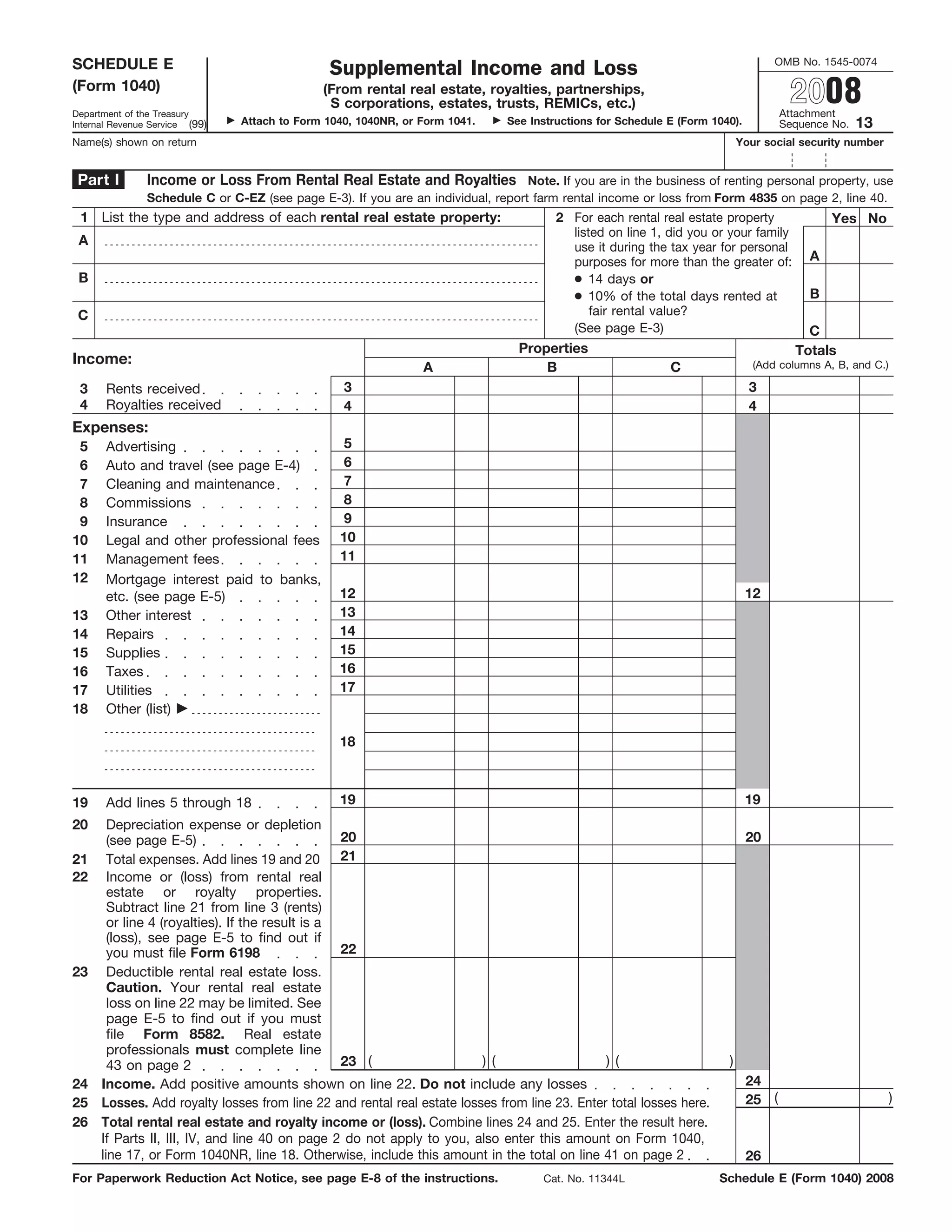 Form 1040, Schedule E-Supplemental Income and Loss | PDF