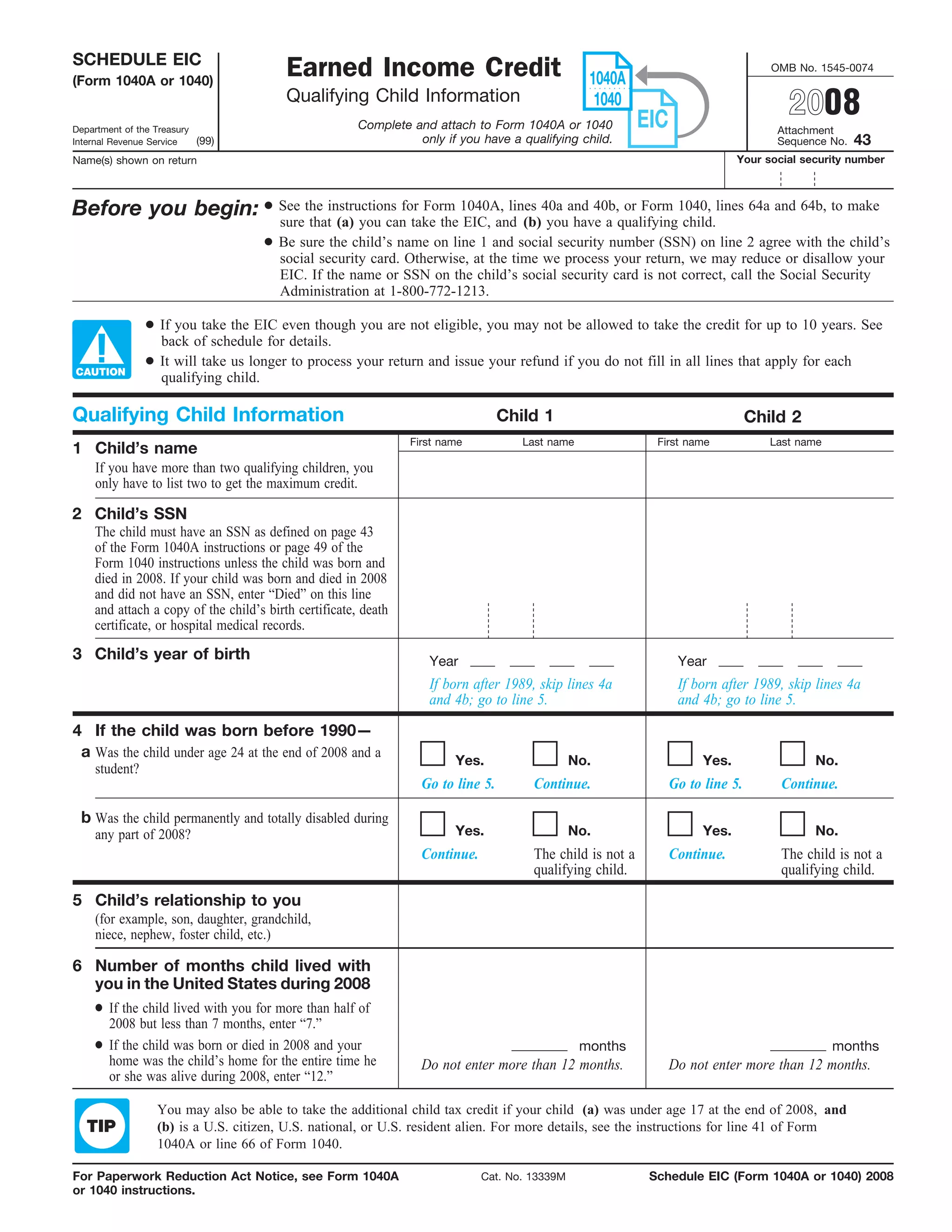 Form 1040/1040A, Schedule EIC-Earned Income Credit | PDF