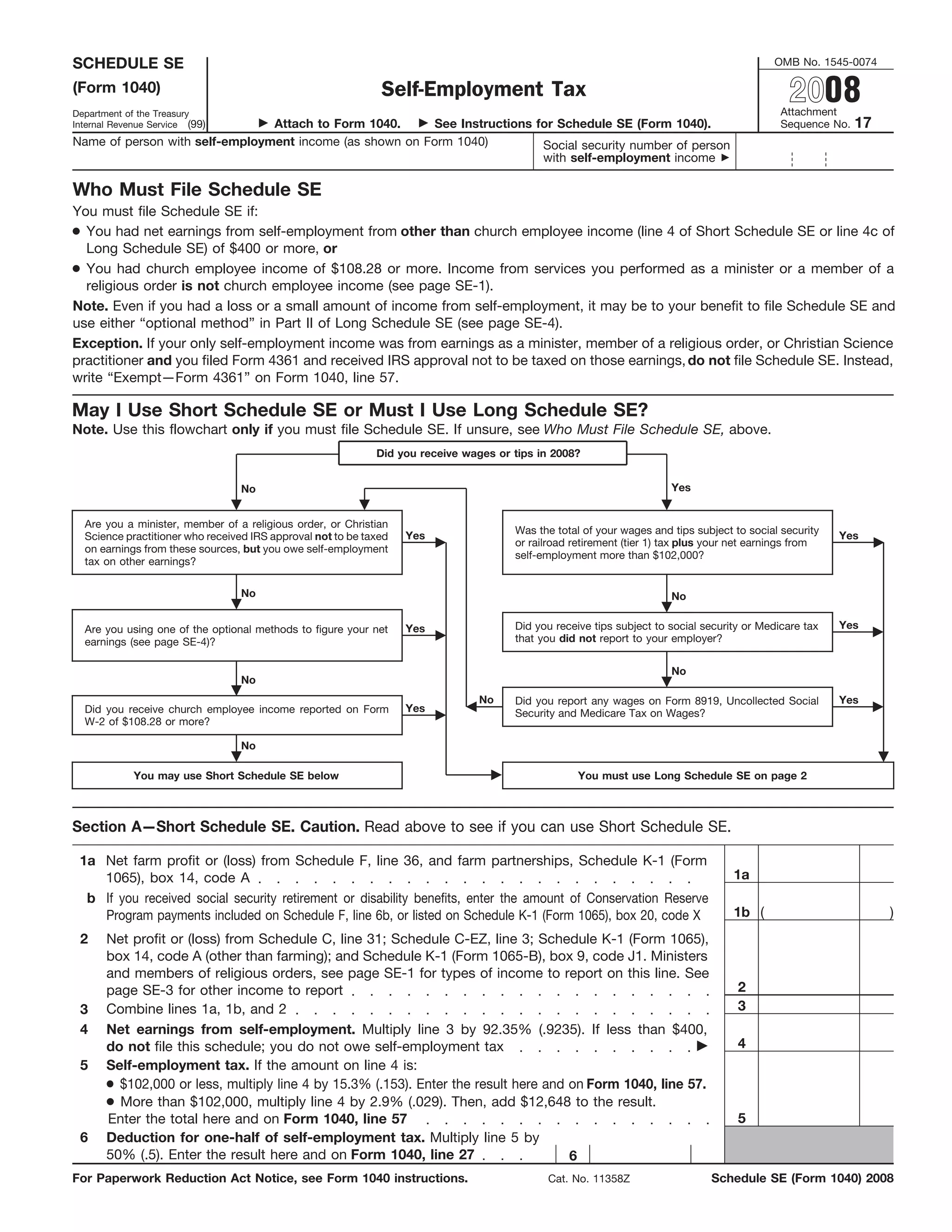 Form 1040, Schedule SE- Self-Employment Tax | PDF