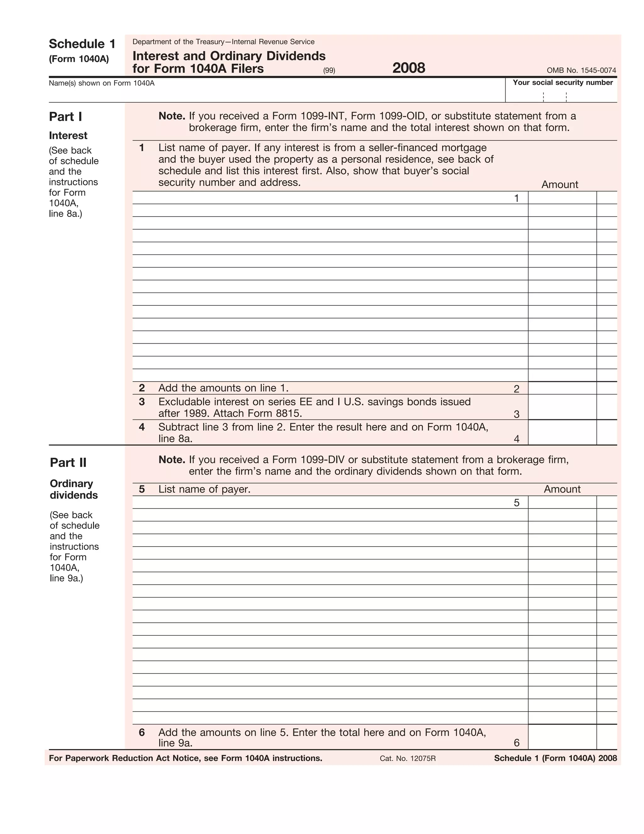 Form 1040A, Schedule 1-Interest and Ordinary Dividends for Form 1040 ...