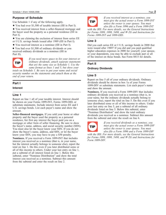 Form 1040A, Schedule 1-Interest and Ordinary Dividends for Form 1040 ...