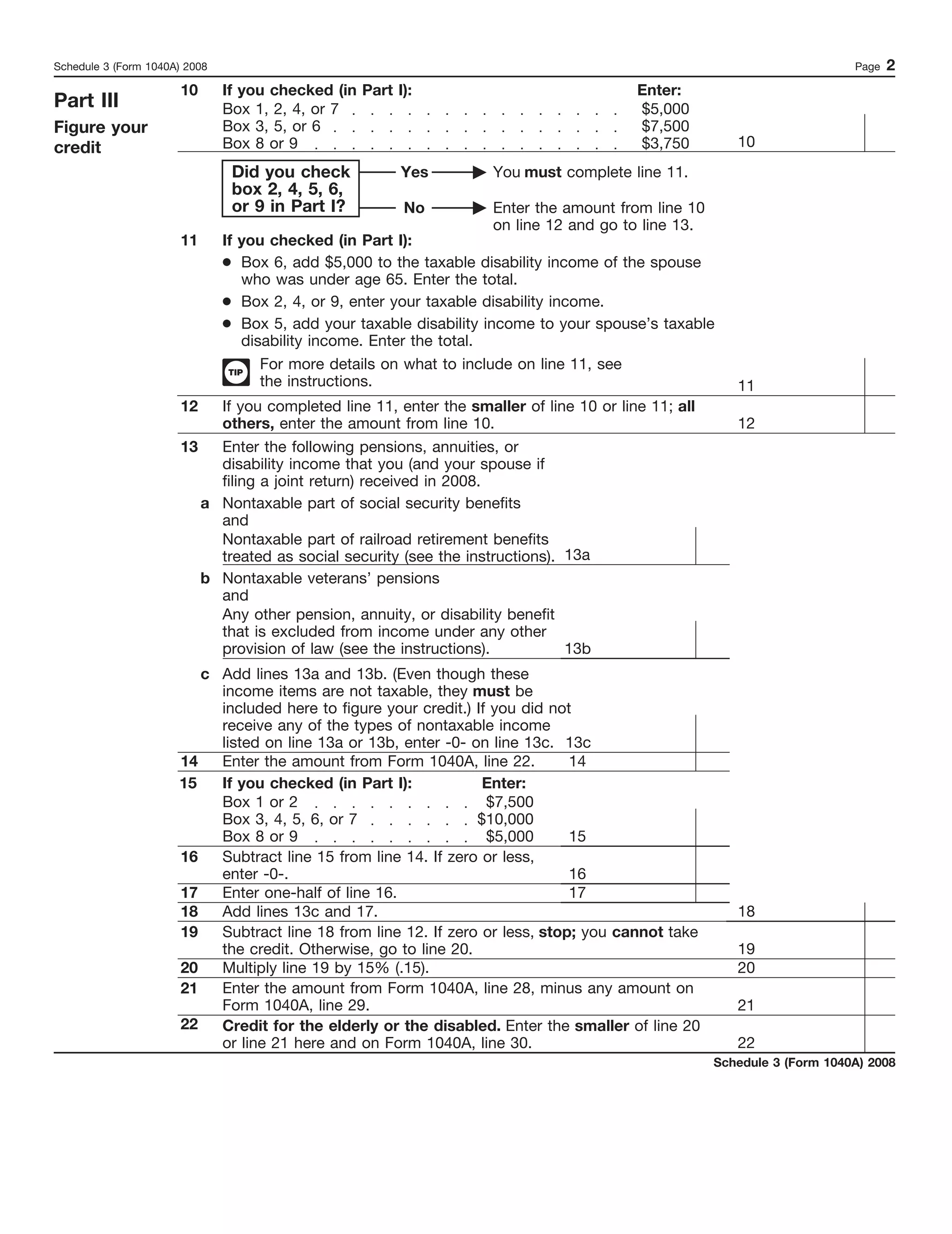 Form 1040A, Schedule 3-Credit for the Elderly or the Disabled for Form ...