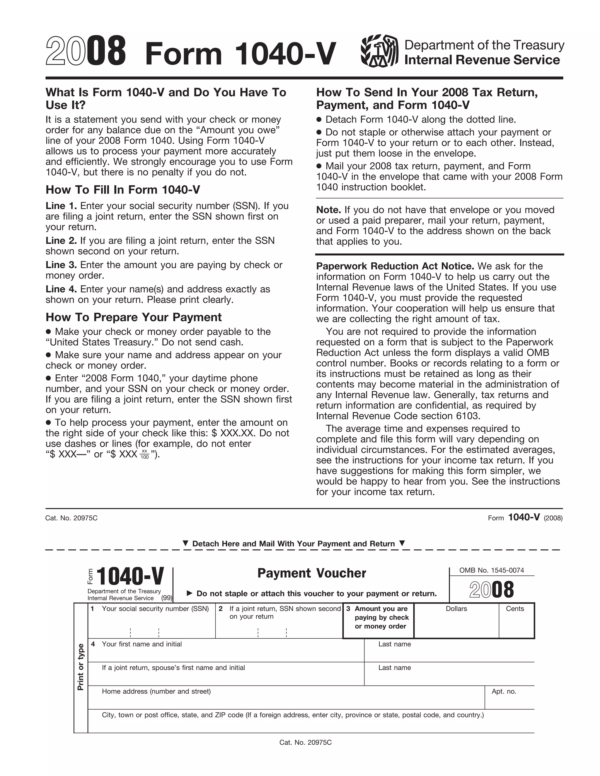 Form 1040V-Payment Voucher | PDF