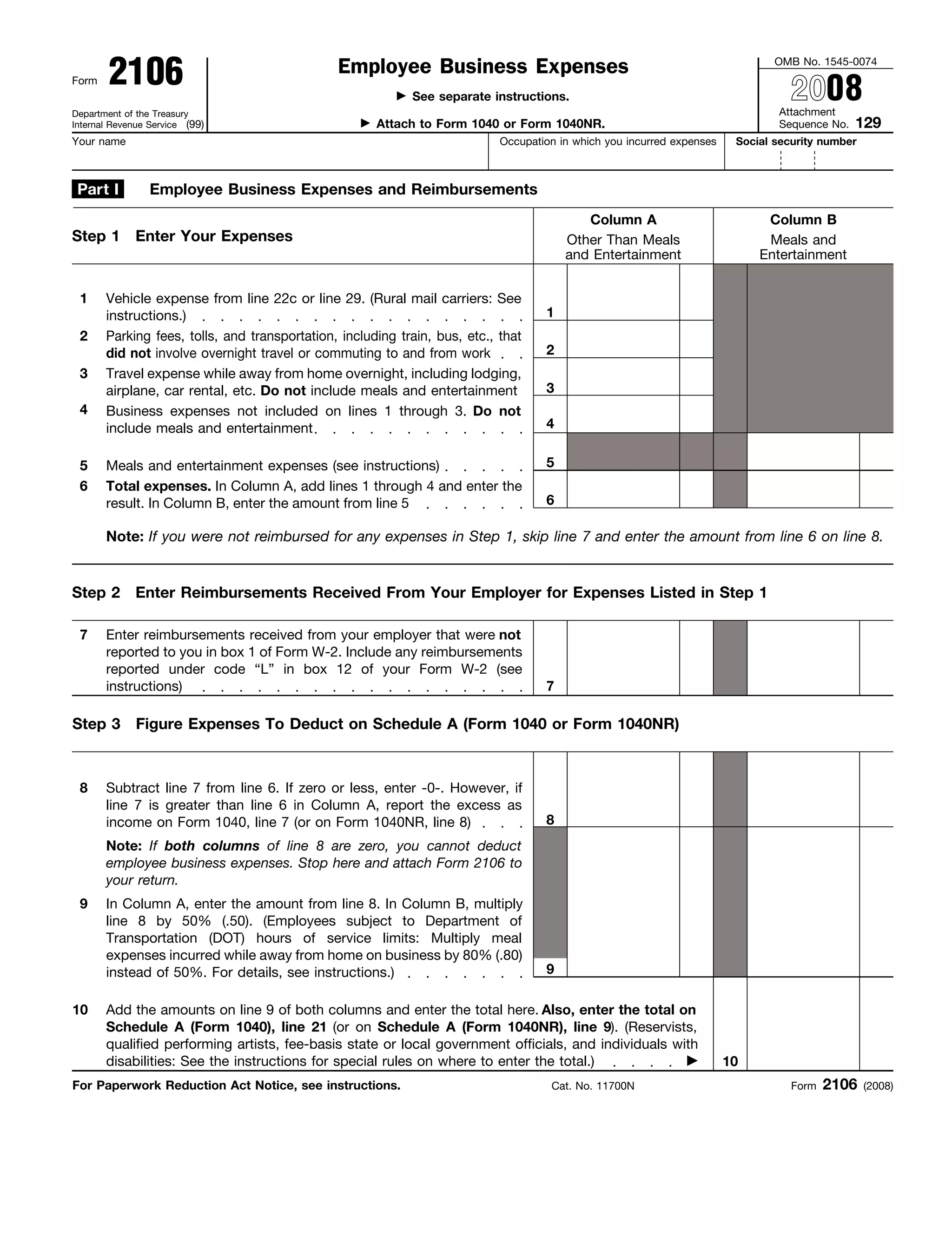 Form 2106-Employee Business Expenses | PDF | Business Accounting ...