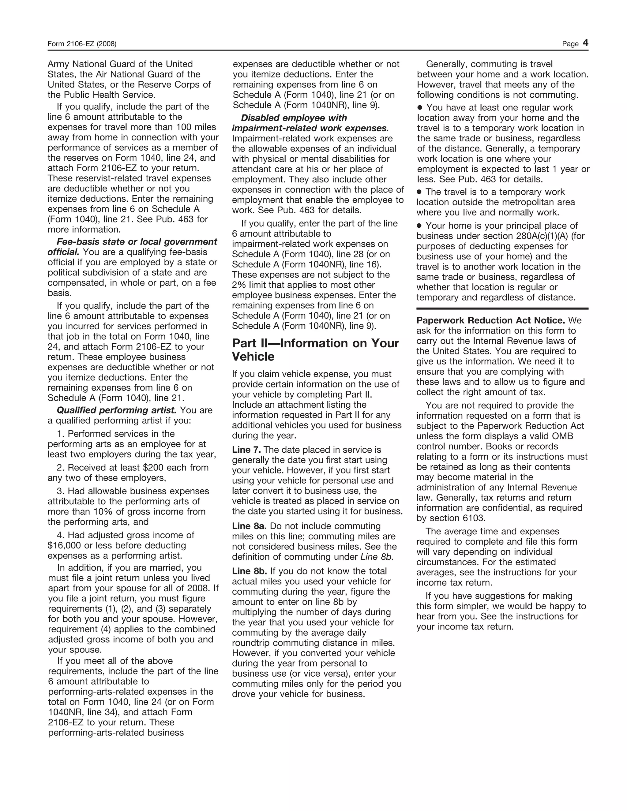 Form 2106EZ-Unreimbursed Employee Business Expenses | PDF